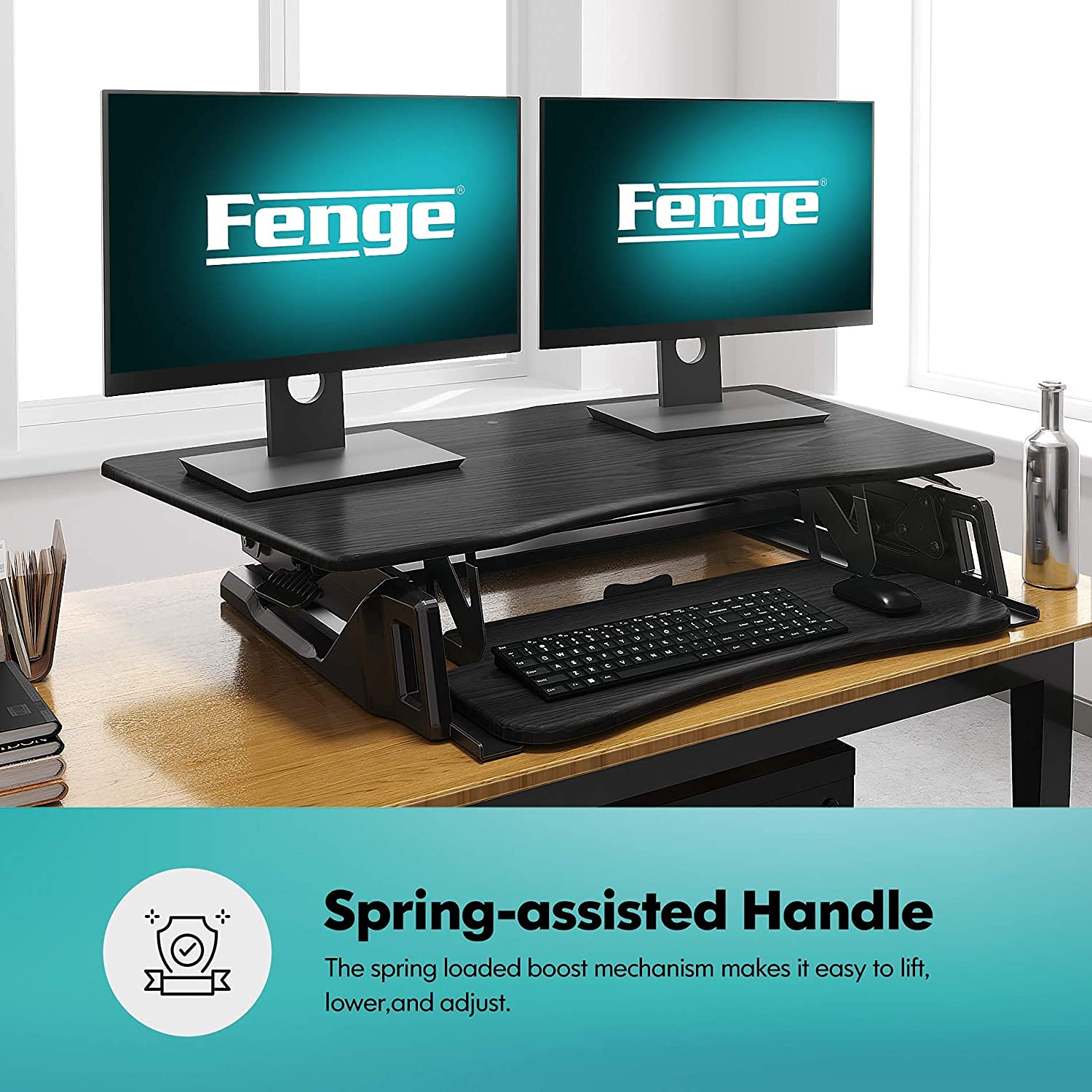 FITUEYES Height Adjustable Standing Desk Converter Sit to Stand Dual Gas Spring Riser Converter 42" Wide Tabletop Workstation fits Dual Monitor