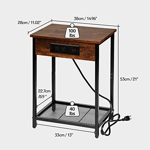 Sinewayone Nightstands Set of 2, End Table with USB-C Ports and Outlets, 2 Tier Side Table with Charging Station for Living Room, Bedroom, Office, Small Spaces, Sofa Couch, Rustic Brown