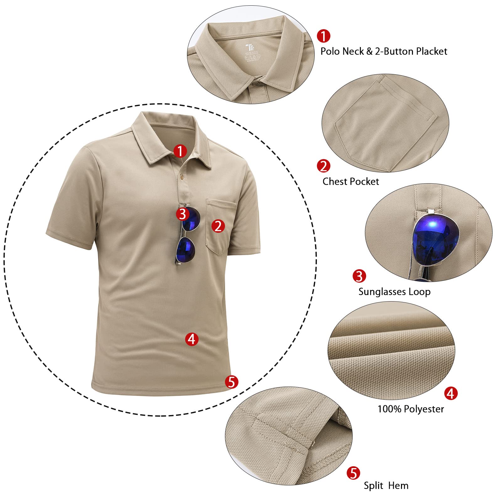 JHMORP Men's Golf Polo Shirts Collared Shirts Short Sleeve Quick Dry Outdoor Shirts with Pocket Khaki,L