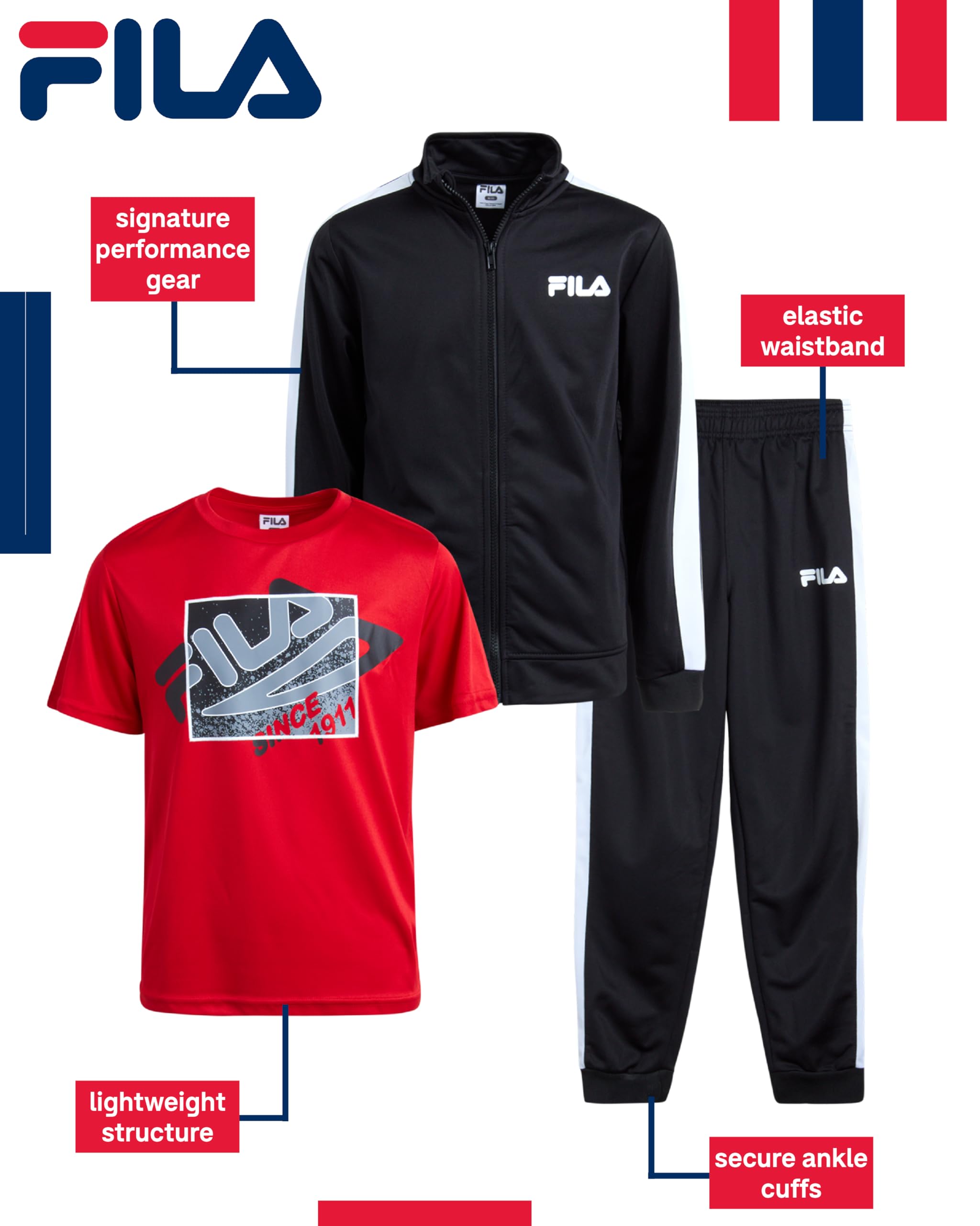Fila Boys Active Tracksuit Set - 3 Piece Performance Tricot Sweatshirt, Jogger Sweatpants, Shirt - Activewear for Boys (8-12), Size 8, Black