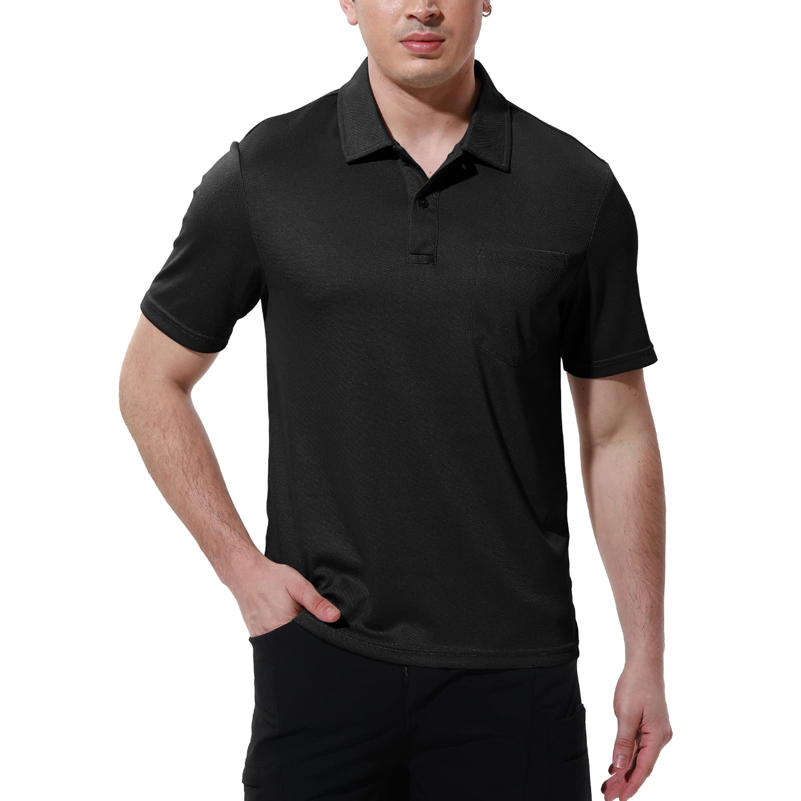 JHMORP Men's Golf Polo Shirts Collared Shirts Short Sleeve Quick Dry Outdoor Shirts with Pocket Black,L