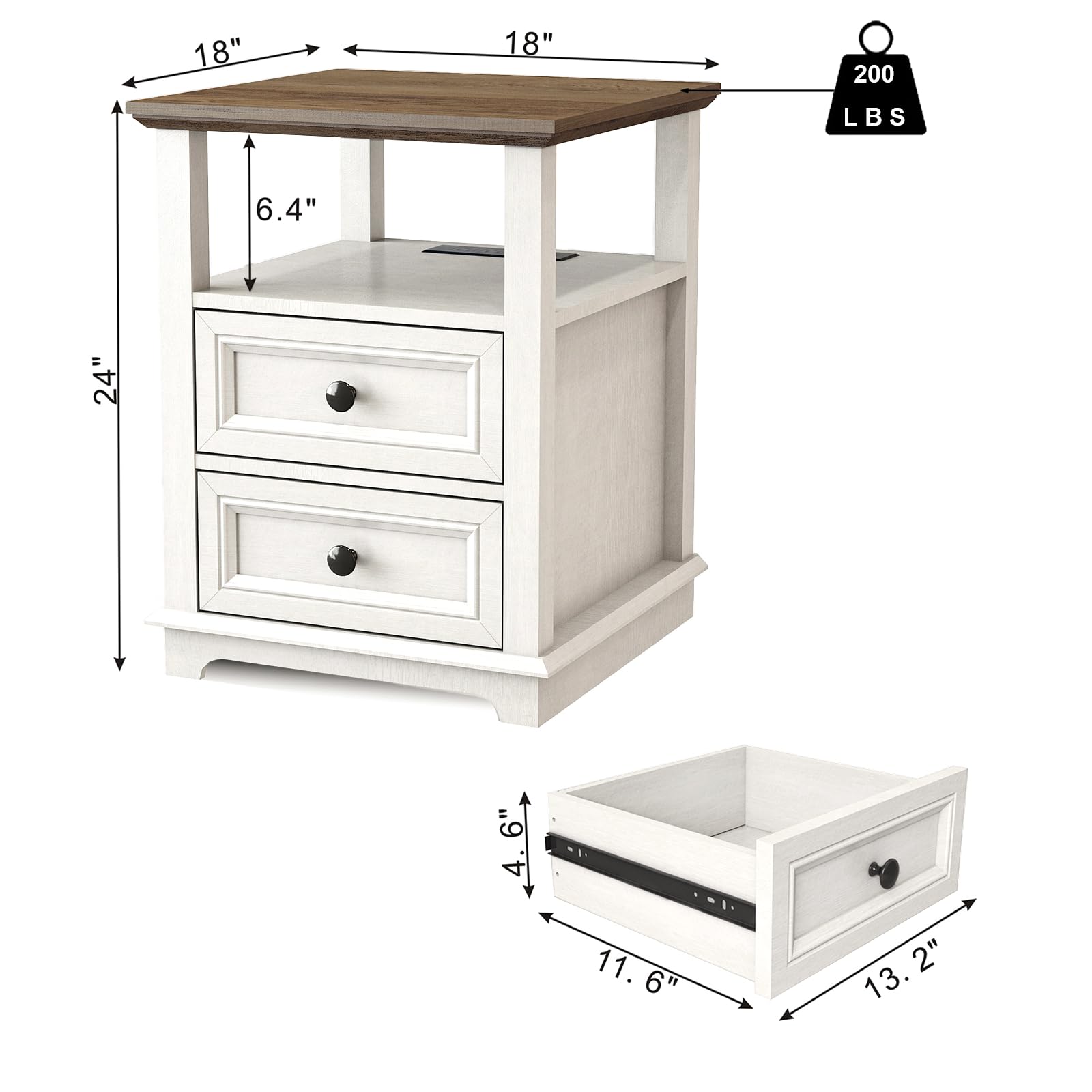 REDAYFUR End Table with Fast USB C Charging Station, 24β Tall Sofa Side Table with 2 Drawers, Large Storage Rustic Wood Square Storage Cabinet for Living Room,Bedroom,Office, White