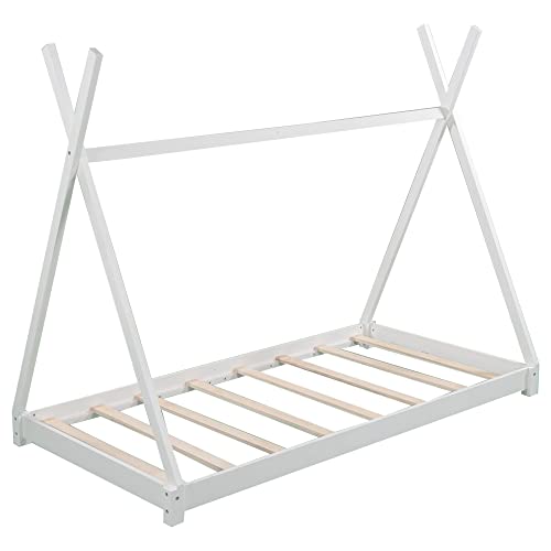 Twin House Bed, Floor Bed, Tent Bed, Wood Platform Bed Frame with Roof for Toddlers Kids Boys Girls Teens, No Box Spring Needed – White