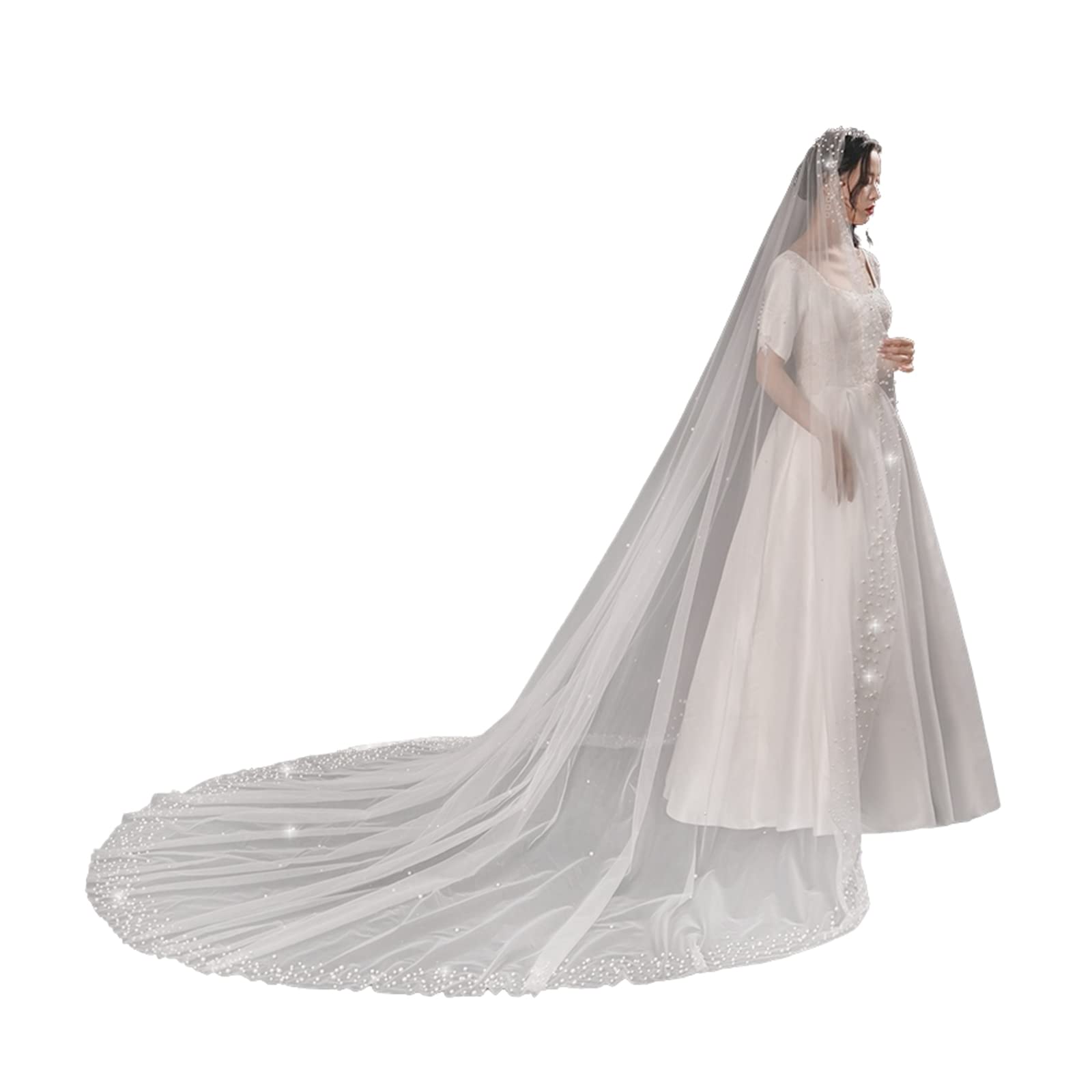 JHOO Women Pearl Edge Cathedral Length Wedding Bridal Veil with Comb 118'' (Off White)
