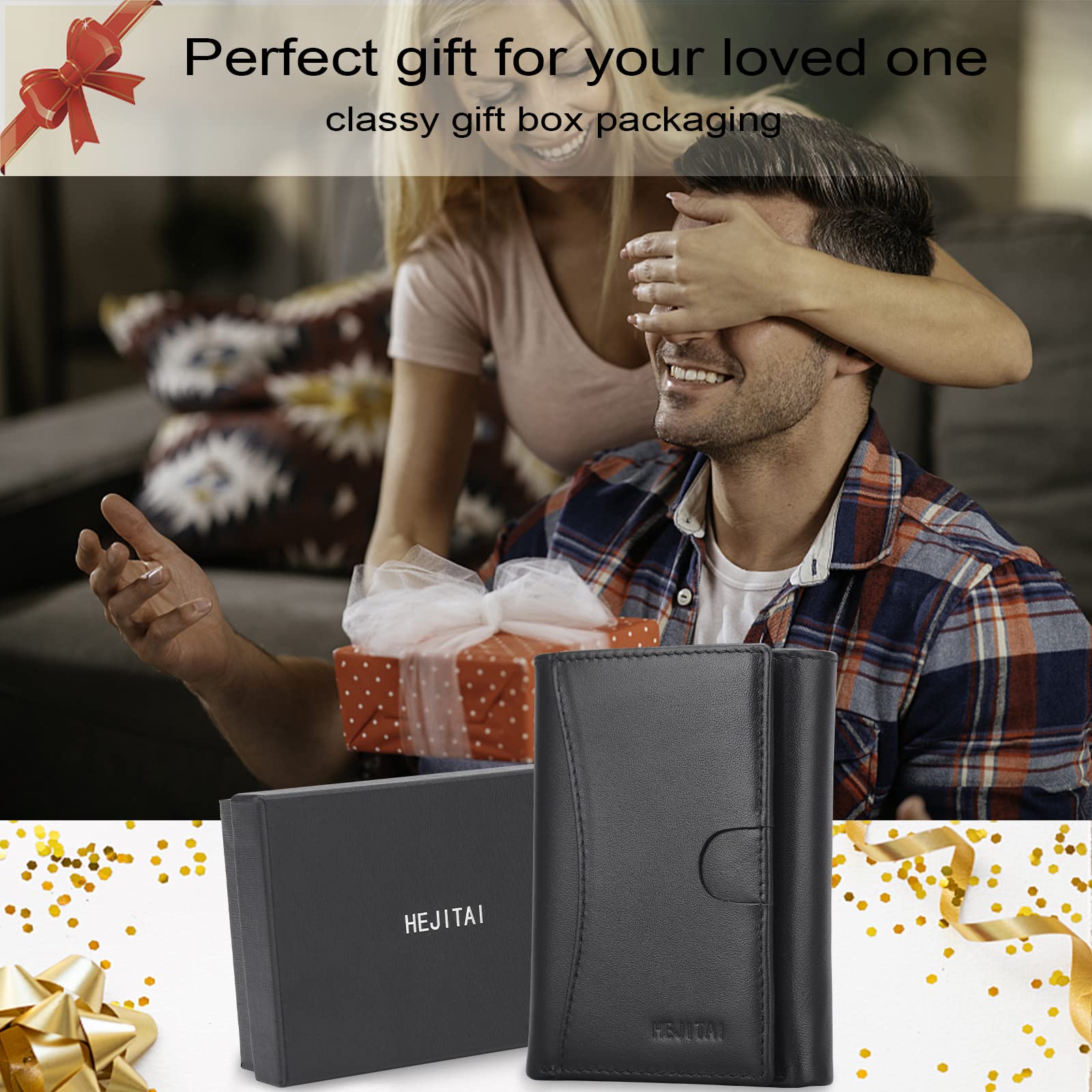 HEJITAI Wallet for Men, Leather Mens Wallet, AirTag Wallet with ID Window, Pop Up Wallet Large Capacity, Trifold Wallet RFID Blocking, With Gift Box