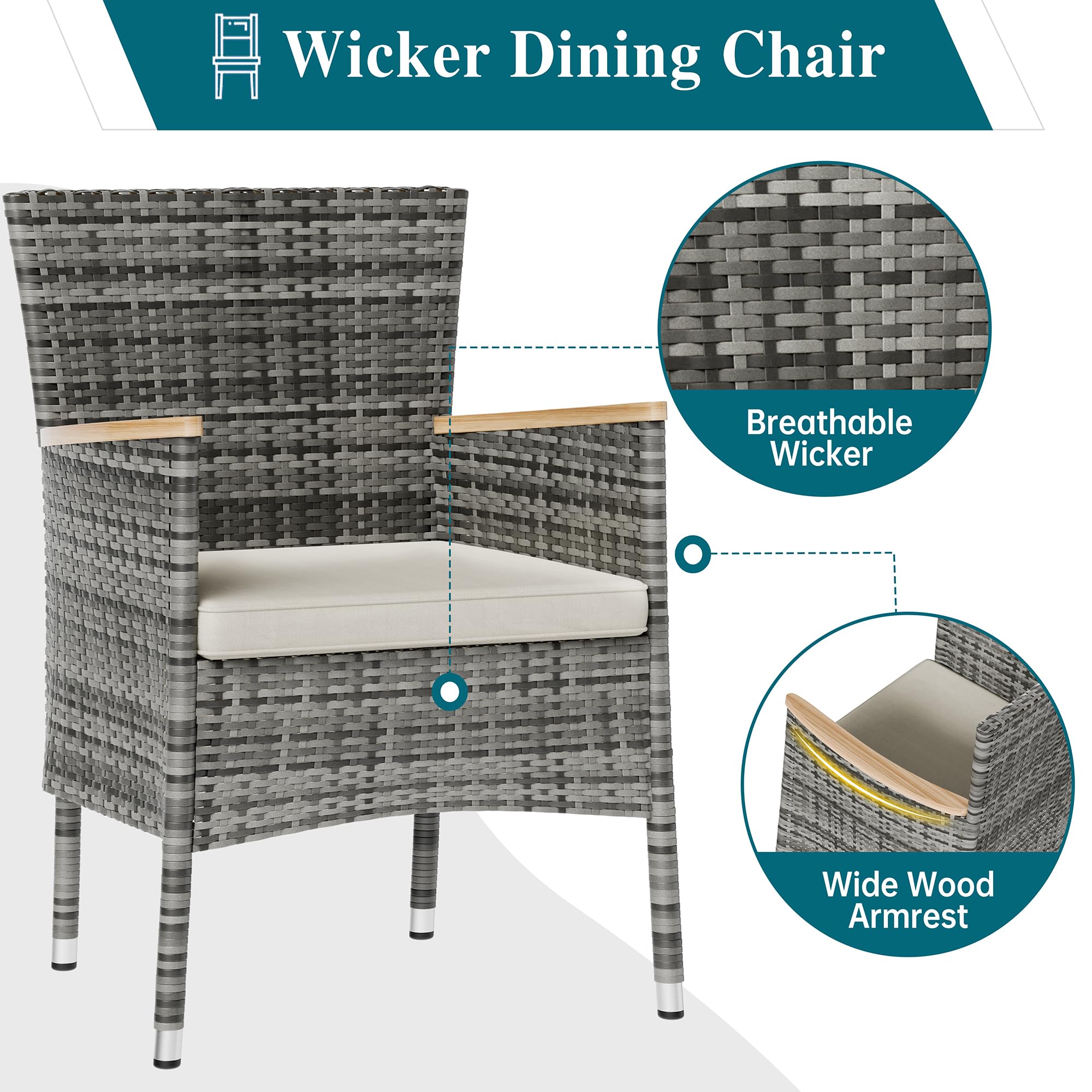 Shintenchi 7 Piece Patio Dining Set, Wicker Patio Conversation Set with Wood Table Top, Outdoor Table and Chairs with Soft Cushions for Backyard, Deck and Garden, Grey Rattan