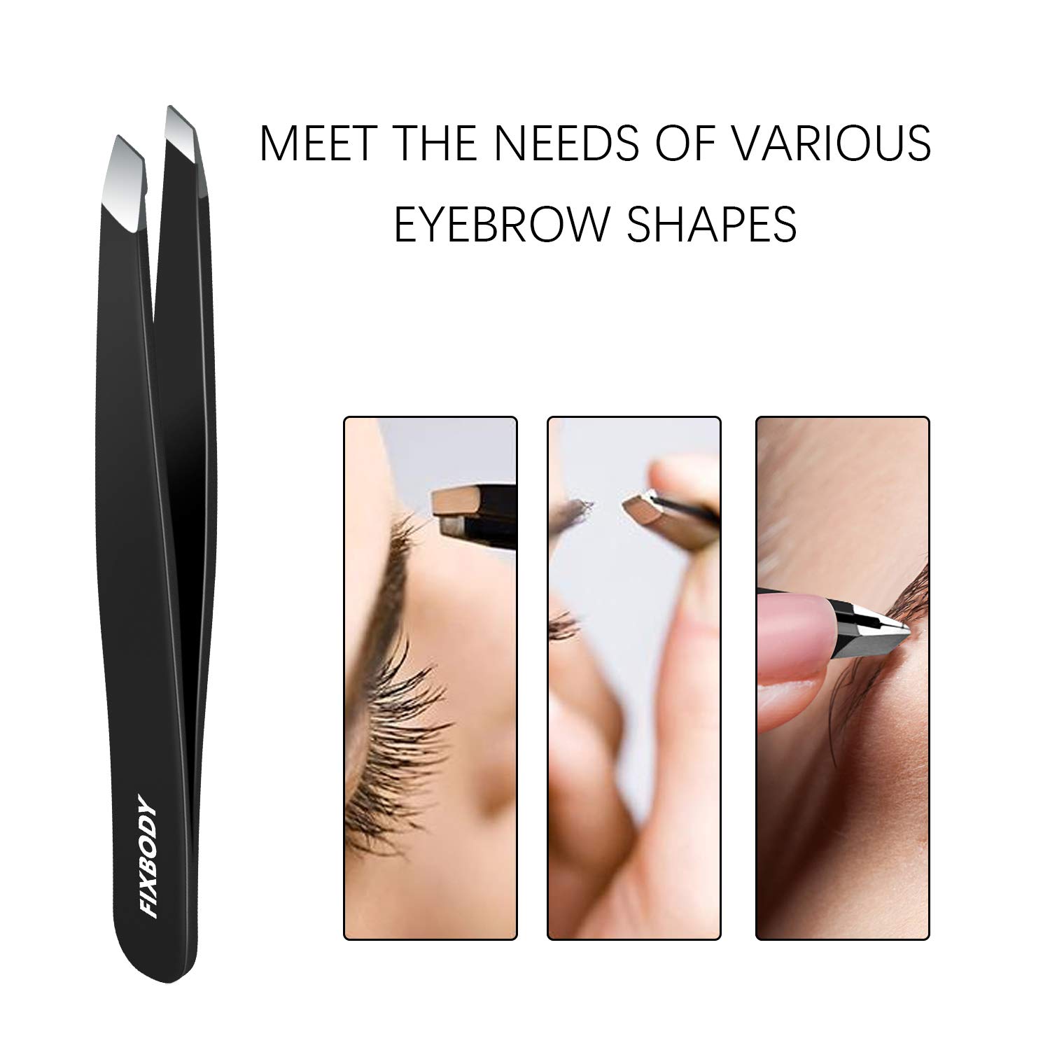 FIXBODY Stainless Steel Eyebrows Plucking Tweezers, Precision Flat and Slant Eyebrows Tweezer Set for Ingrown Hair, Black