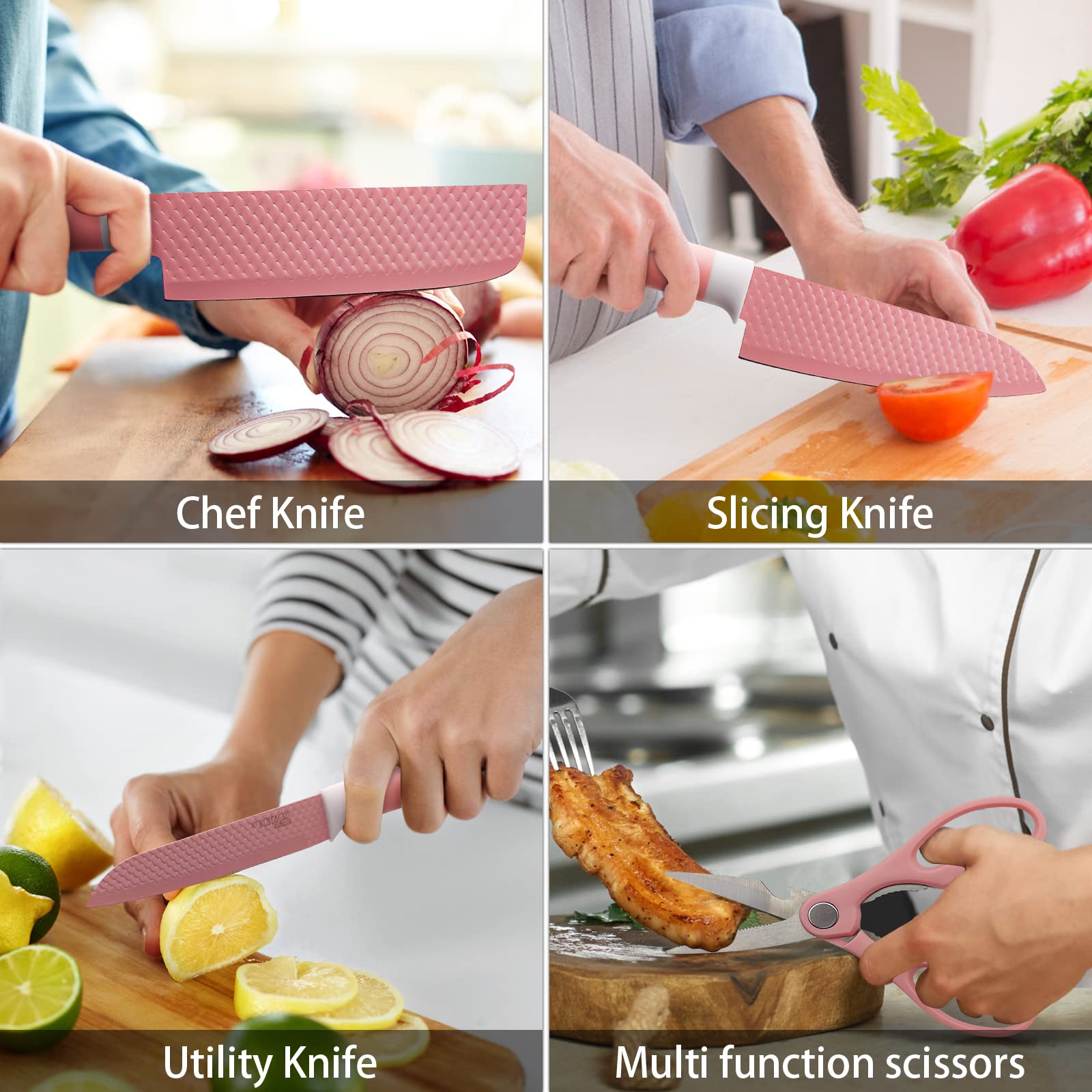 Kitchen Knife Set, Retrosohoo Fish Scales Non-stick Chef Knife Set with Cutting Board and Acrylic Stand, Stainless Steel Sharp Cooking Knives with Gift Box (Pink)