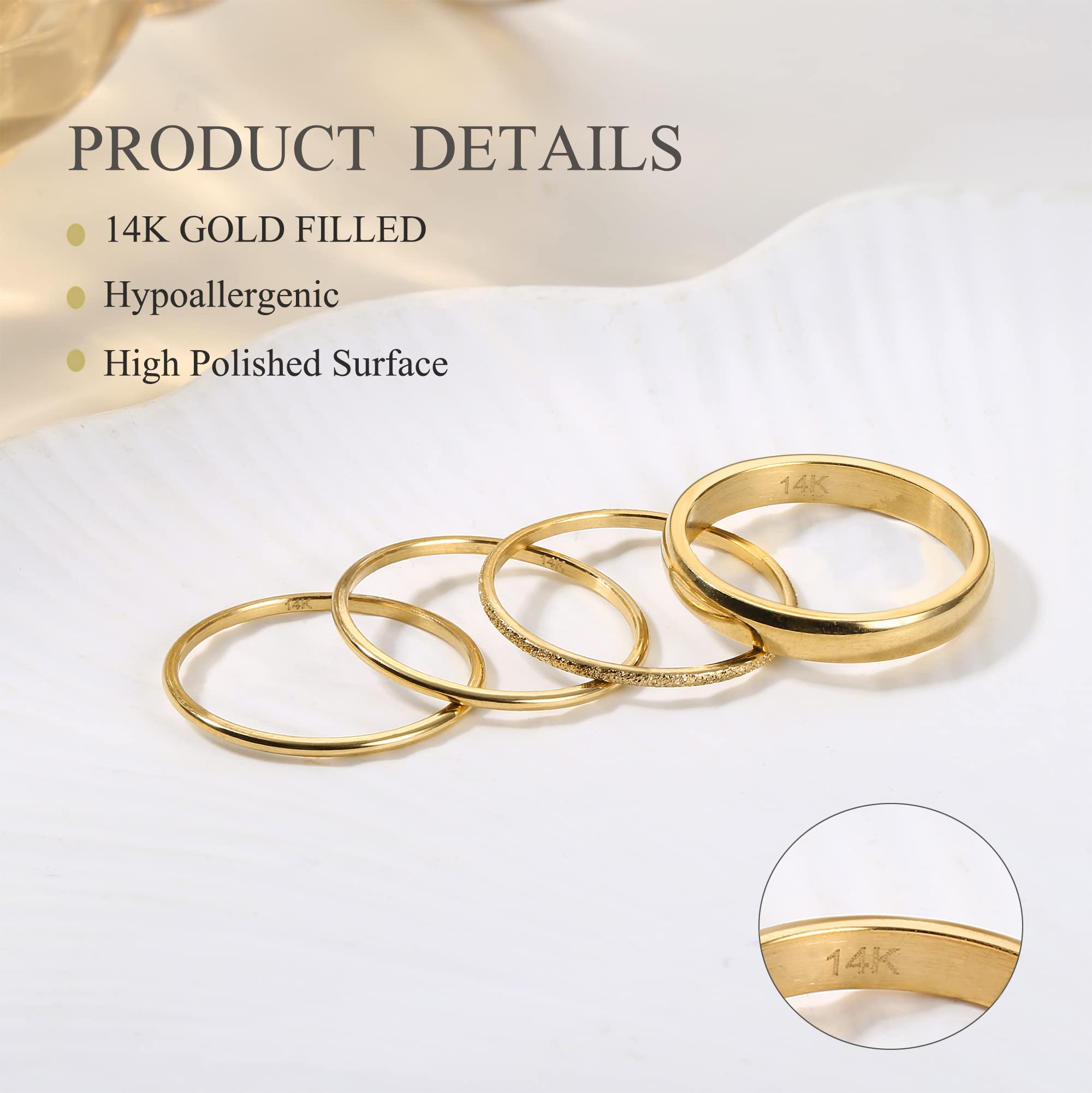 Helicopchain 4Pcs 14K Gold Filled Rings Stacking Rings for Women Thin Gold Ring Plain Thumb Statement Band Ring Sand Blast Finish Ring 1mm 3mm Comfort Fit Size 10