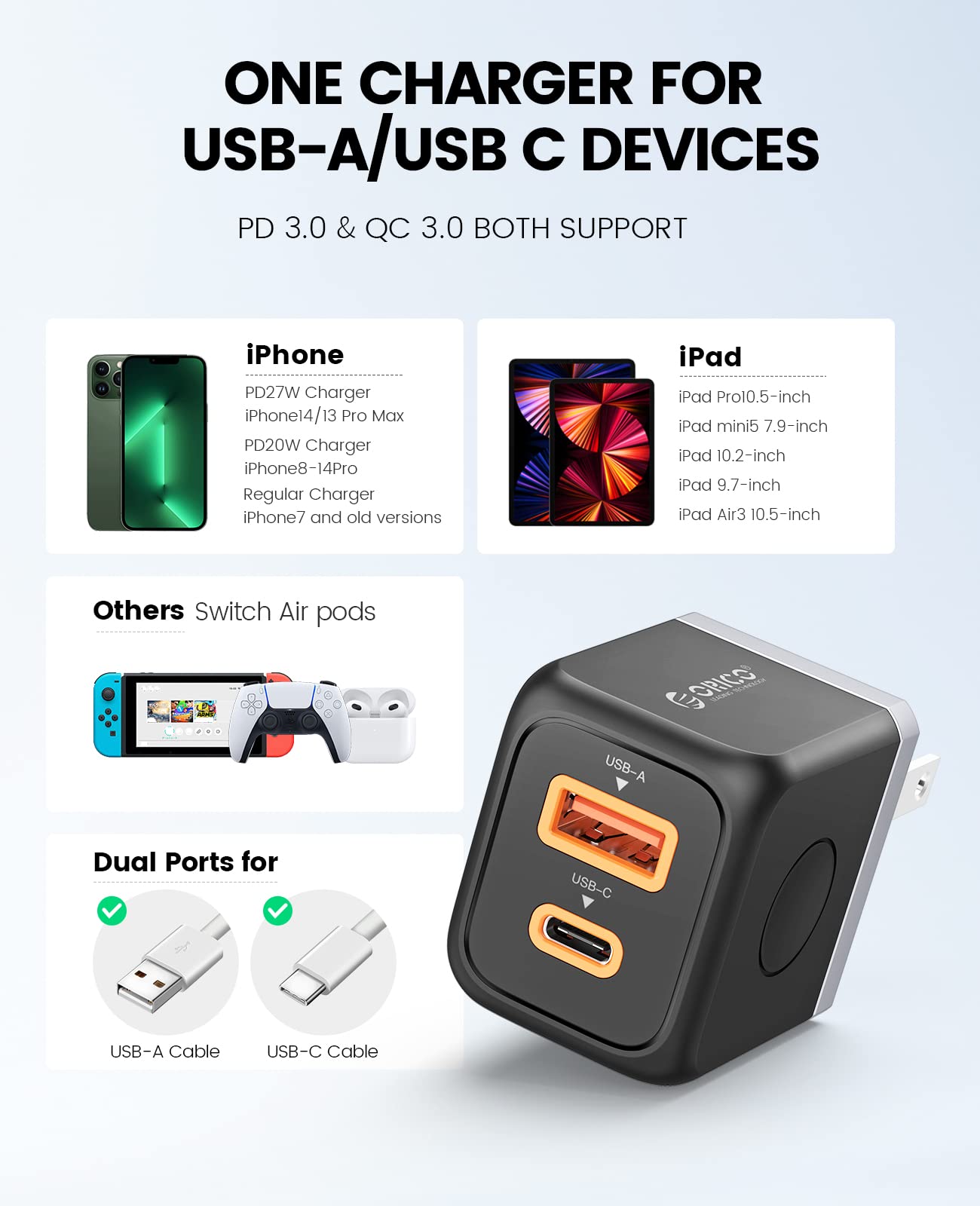 ORICO GaN USB C Charger with USB C Cable, 30W Power Delivery + QC3.0 USB A Double Port Fast Charging Adapter, Mini Wall Charger Compatible with iPhone 14 13 12 Pro Max Galaxy, iPad, MacBook Air