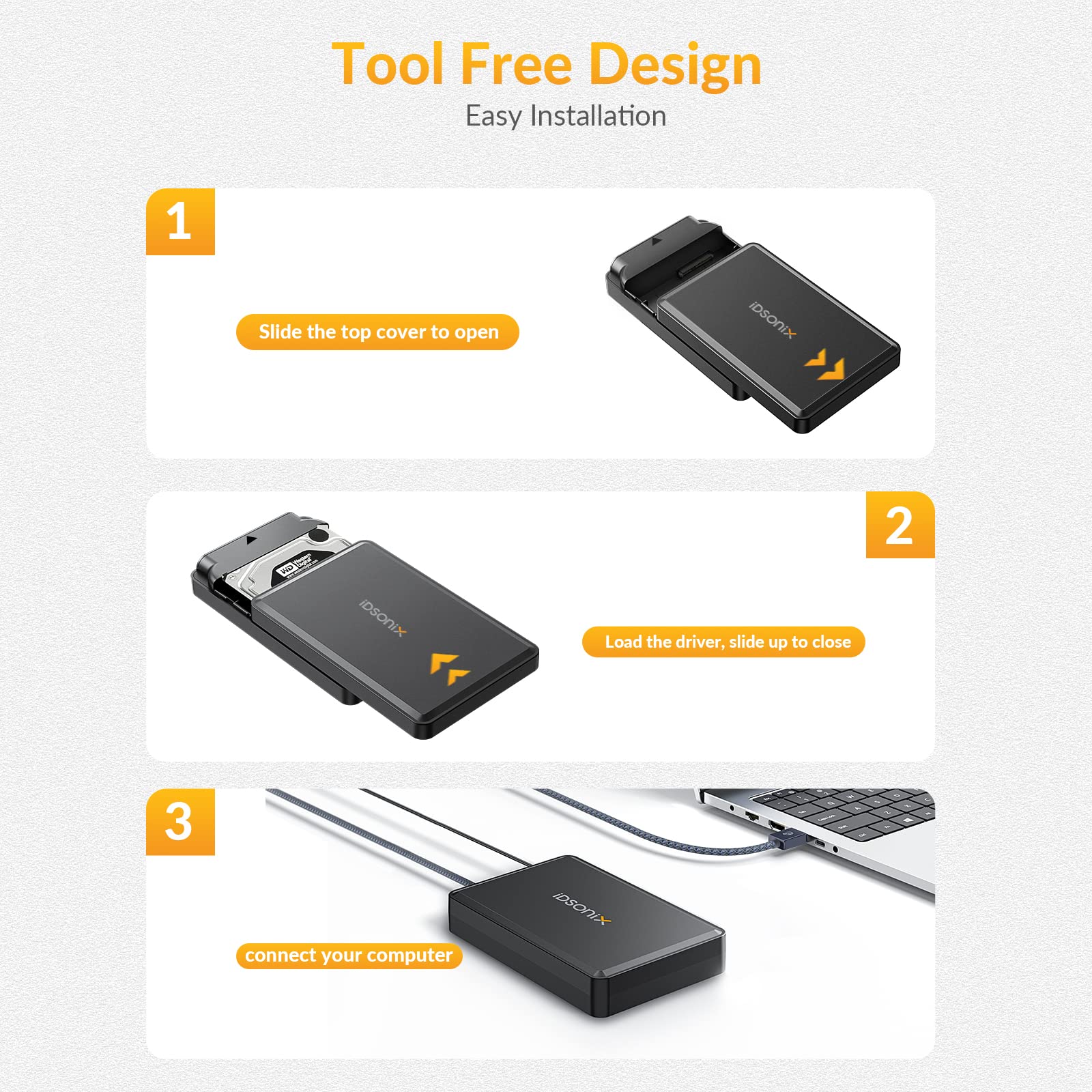 iDsonix 3.5 Inch Hard Drive Enclosure SATA USB C 3.1 Ultra 6G Speed External HDD Caddy Tool-Free Design for UASP , SATA HDD/SSD