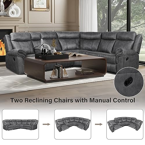 Evedy Manual Sectional, Oversized Recliner Sofas Seating with Cup Holder,Hide-Away Storage,2 USB Ports and 2 Power Sockets,for Home Theater,Living Room Furniture Set-Grey