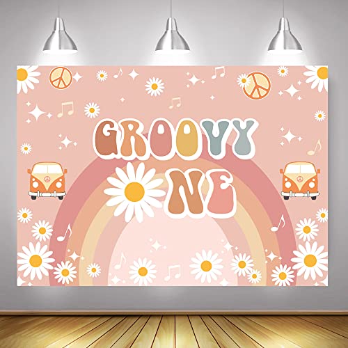 Mocsicka Groovy One Birthday Backdrop Boho Rainbow Groovy 1st Birthday Party Decorations 70's Daisy Hippie Peace Love Party Background Cake Table Banner (7x5ft (82x60 inch))