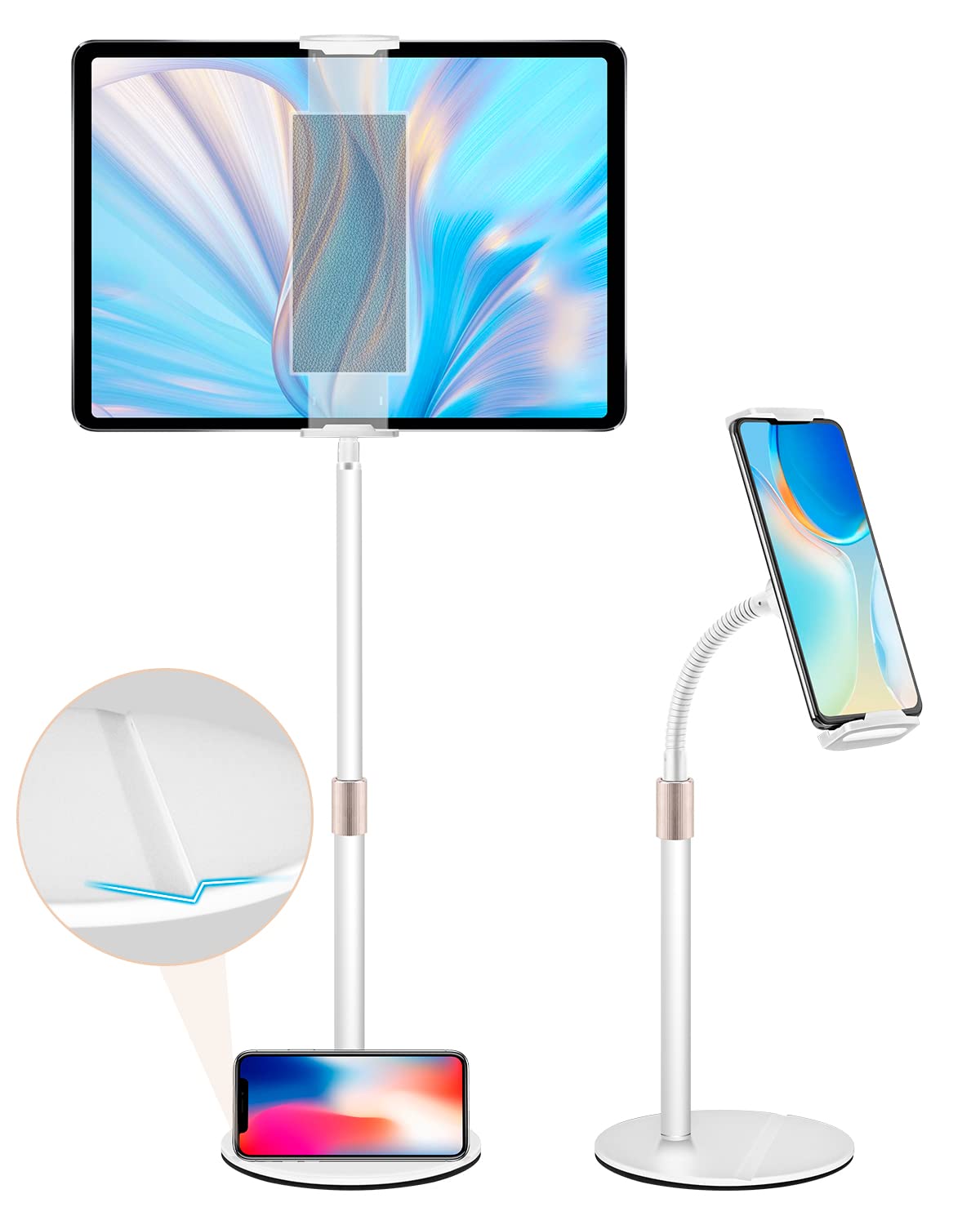 iFongsh Tablet Stand for Desk, 2-in-1 Ipad Holder Stand & Phone Stand,360 Degree Rotating Gooseneck and Height Adjustable Desktop Holder Dock Compatible with(4.7"-13") iPhone,iPad Pro,Air,Mini