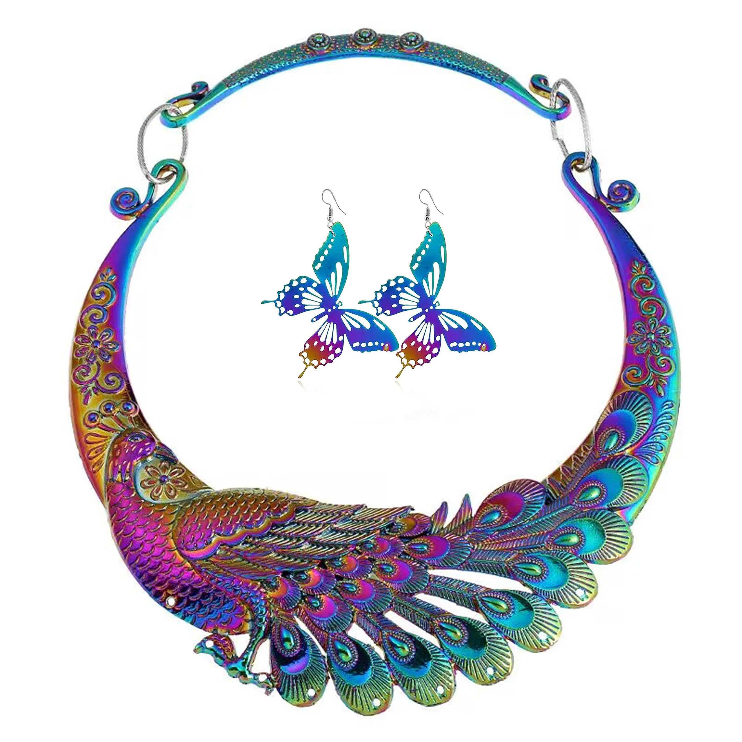 FLD 2-piece set of colorful retro ethnic carved peacock thick scarf, women's neck necklace, earrings, Indian exaggerated jewelry collar, retro necklace, earrings set