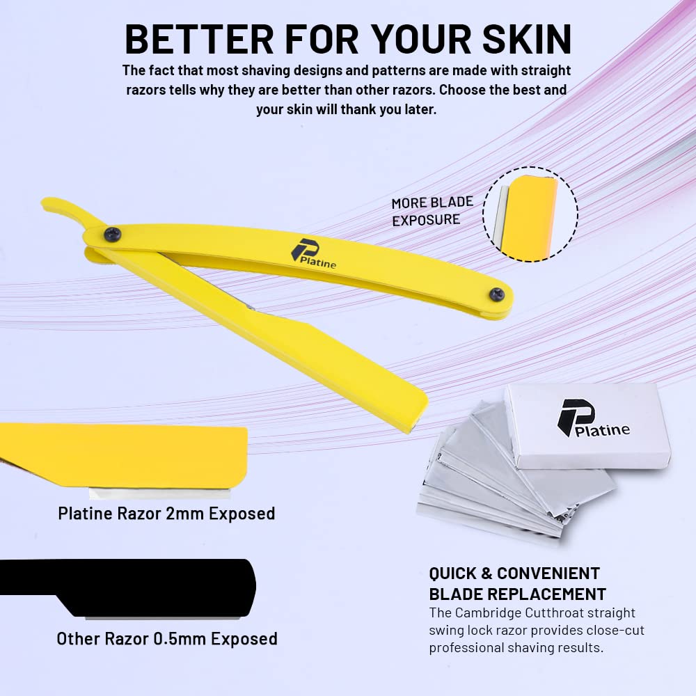 Platine Straight Razor, New Ergonomic Stainless Steel Straight Edge Razor with 10 Extra Premium Blades - Barber razor for Personal & Professional Usage (Pink)