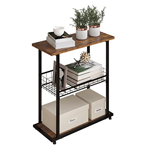 PROXRACER Side Table, 3-Tier End Table, Narrow Sofa Table Bedside Table, Small Nightstand with Storage Shelf for Living Room, Study, Bedroom, Rustic Brown