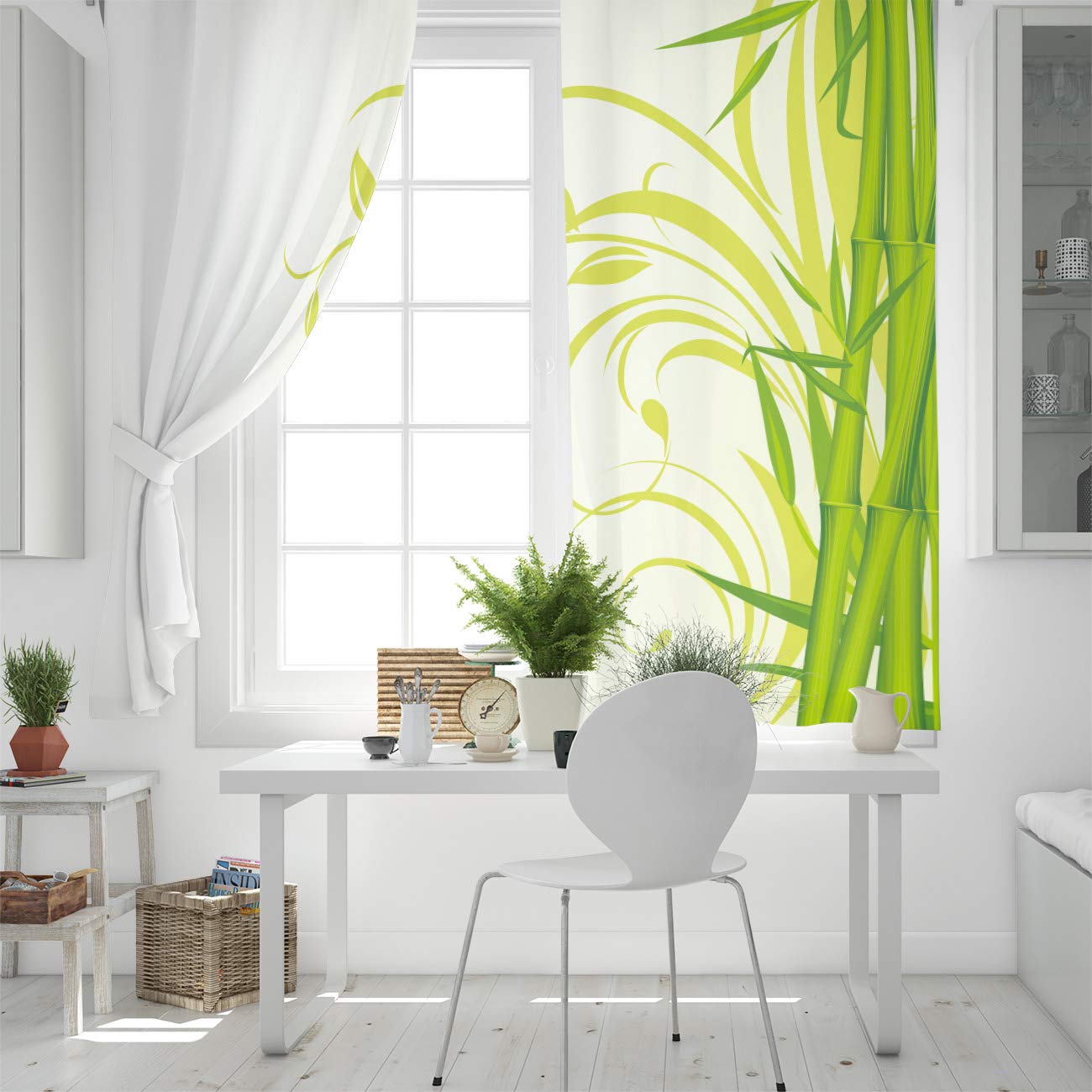 Green Kitchen Cafe Curtains Window Drapes Treatment Durable Polyester 80''W x 84''H, Bamboo with Artistic Floral Curly Leaves Asian Feng Shui Zen Garden 2 Panel Set Gromment Draperies Solid Print