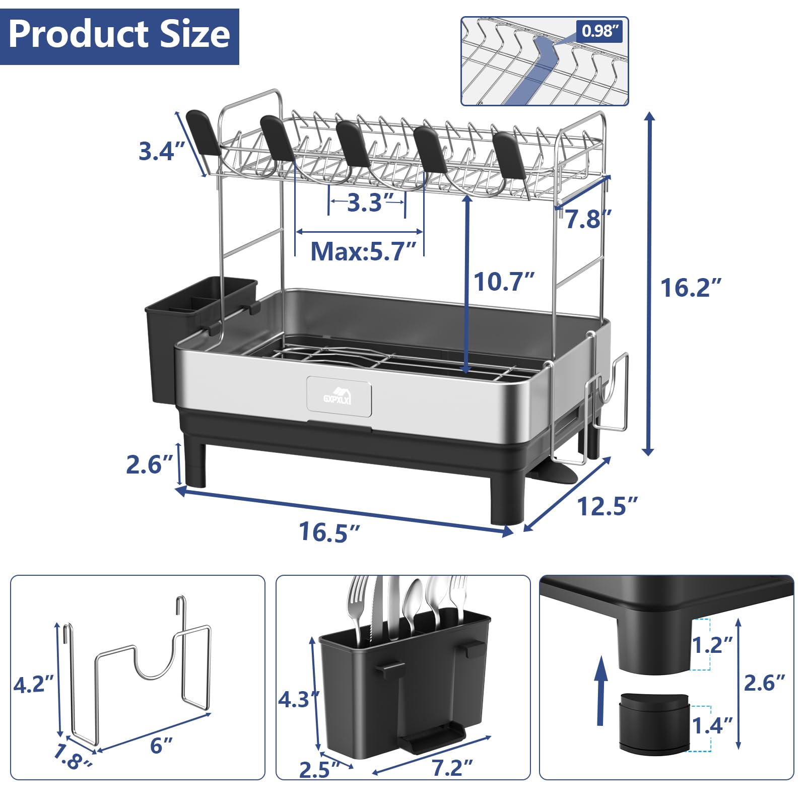 Gxpxlx 2 Tier Dish Drying Rack, 304 Stainless Steel Drying Dishwashing Rack with 360° Rotating Spout, Auto-Drain Dish Drainers with Drainboard, Utensil Holder, Large Dishrack for Kitchen Counter