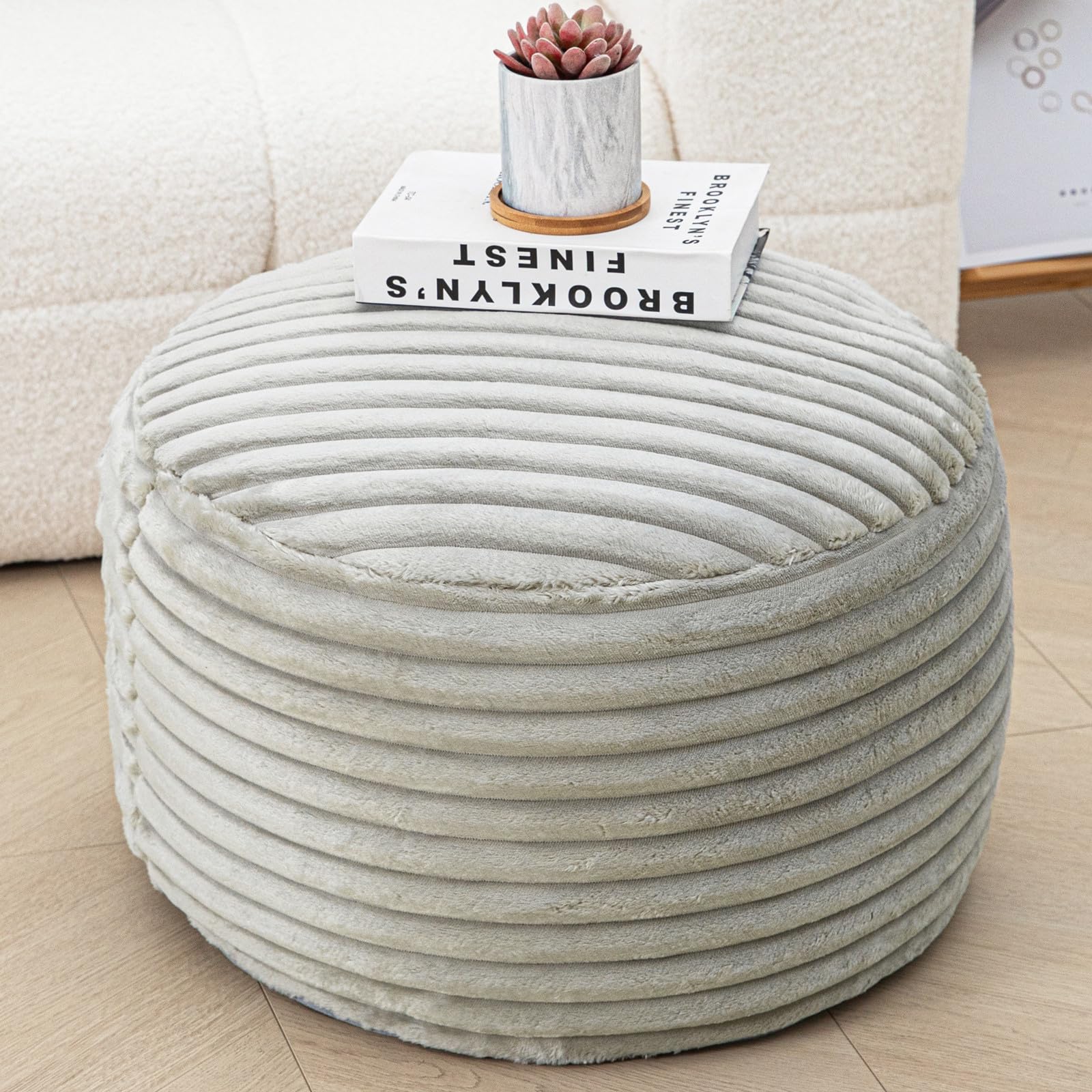 Round Stuffed Pouf Ottoman 20x20x12 Inches Faux Fur Ottoman Foot Rest Under Desk Foot Stool Great for Living Room, Bedroom Small Furniture (Light Gray Pouf with Filler)