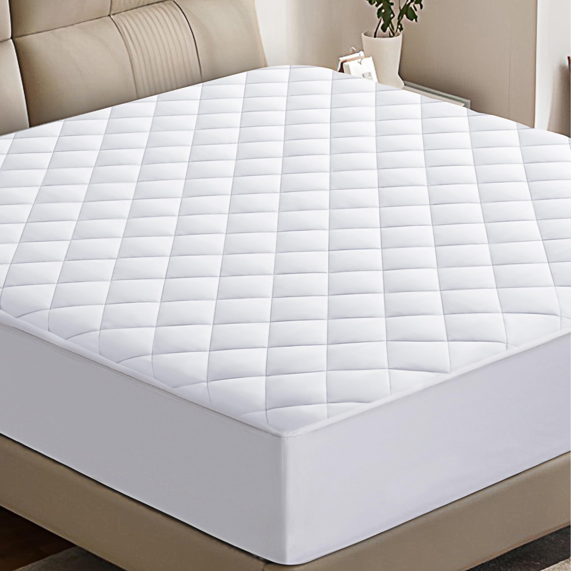 REMOCA HOME Quilted Queen Size Mattress Pad Cover with Deep Pocket Fits Up to 21", Soft and Noiseless, Machine Washable (White, Queen)