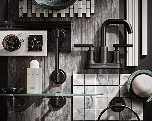 Moen Gibson Matte Black Two-Handle Centerset High Arc Modern Bathroom Faucet with Drain Assembly, Contemporary Black Sink Faucet for 3-Hole Countertops, 6150BL