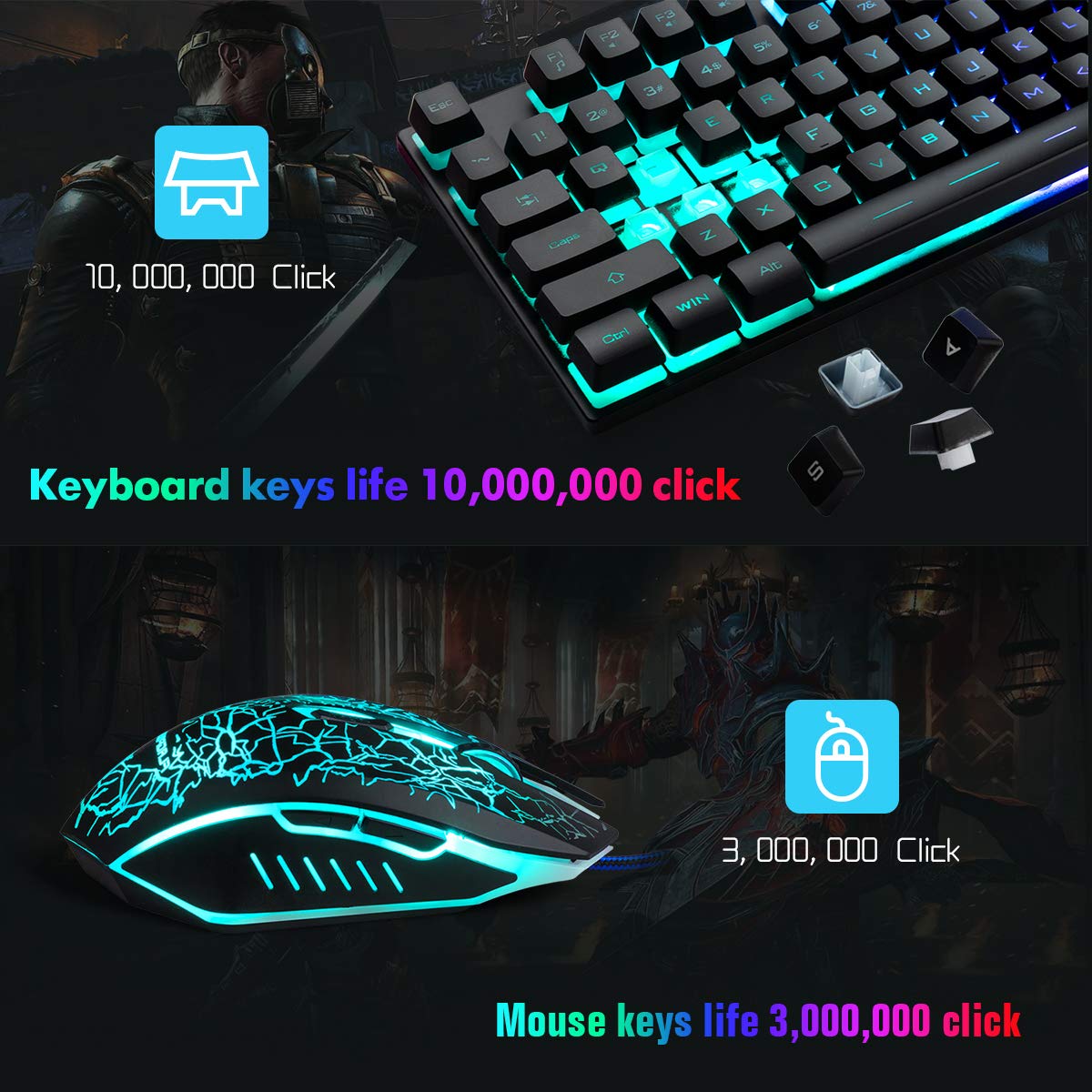 FLAGPOWER Gaming Keyboard and Mouse Combo, Rainbow Backlit Mechanical Feeling Keyboard with 4 Colors Breathing LED Backlight Mouse for PC Laptop Computer Game and Work