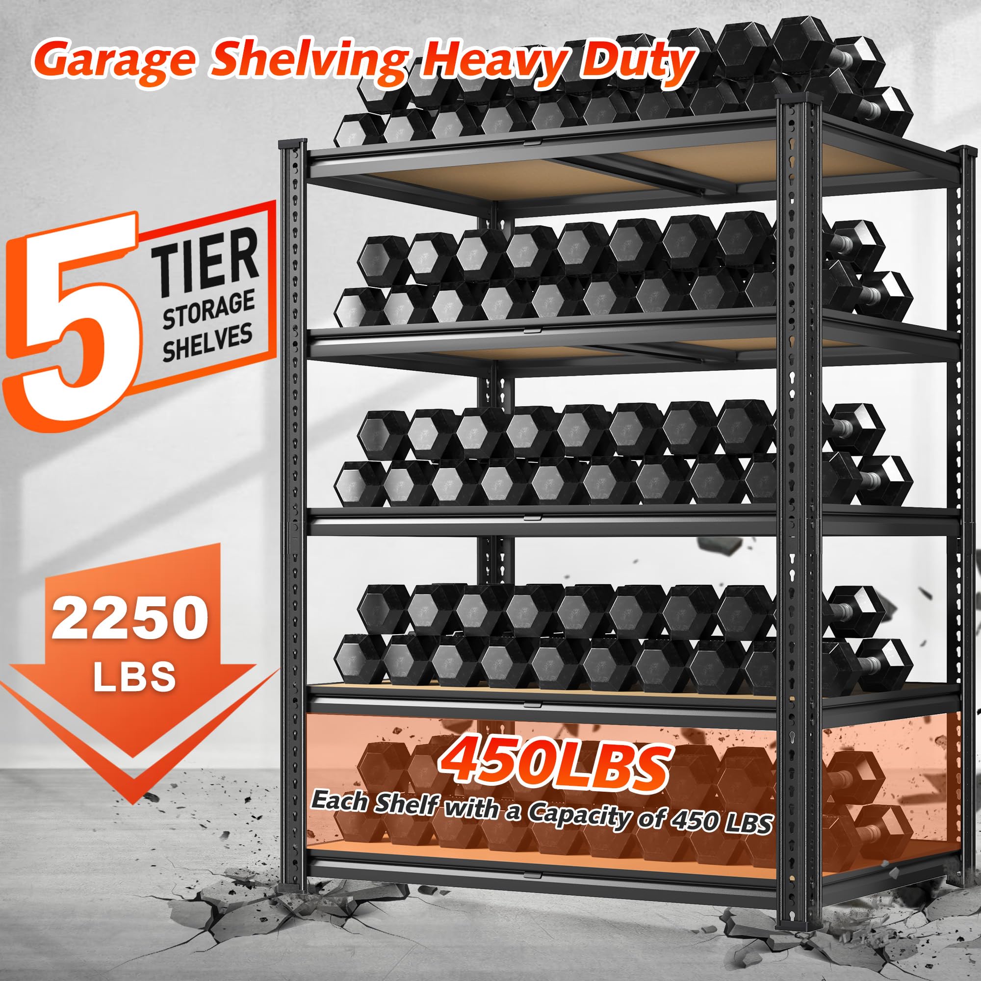 REIBII 72.1'' Storage Shelves 2250LBS Garage Shelving Heavy Duty 5 Tier 72.1" Hx35.5 Wx18 D Adjustable Metal Storage Utility Rack Shelf Unit for Warehouser Basement Pantry Closet Kitchen,Black
