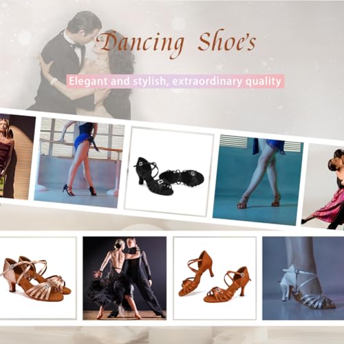 JUODVMP Women's Latin Dance Shoes Brown Satin Open Toe 3 inch Heel Ballroom Salsa Dance Sandals with Suede Sole,7.5US