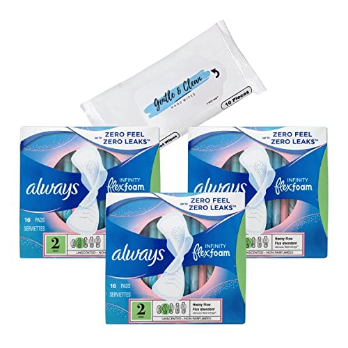 Size 2 Infinity Flex Foam Pads Bundle | Includes 3, 16 Count Boxes of Infinity Flex Foam Size 2 Pads with Wings, Heavy Flow, Unscented | Plus Travel Wet Wipes!