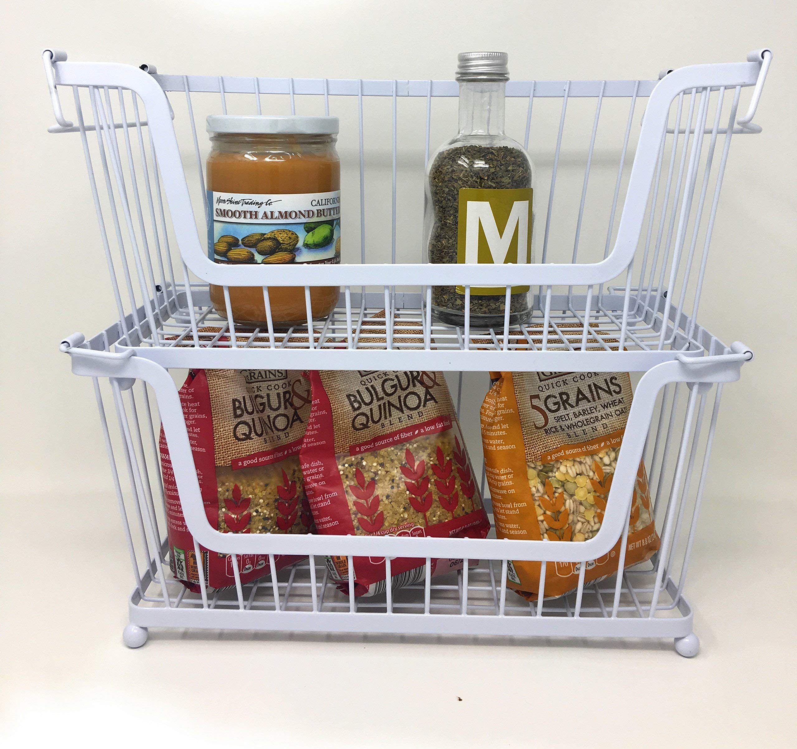 Stacking Metal Baskets, Set of 2, for Pantry, Closet, Shelf Organization, by HomeSimple (White)
