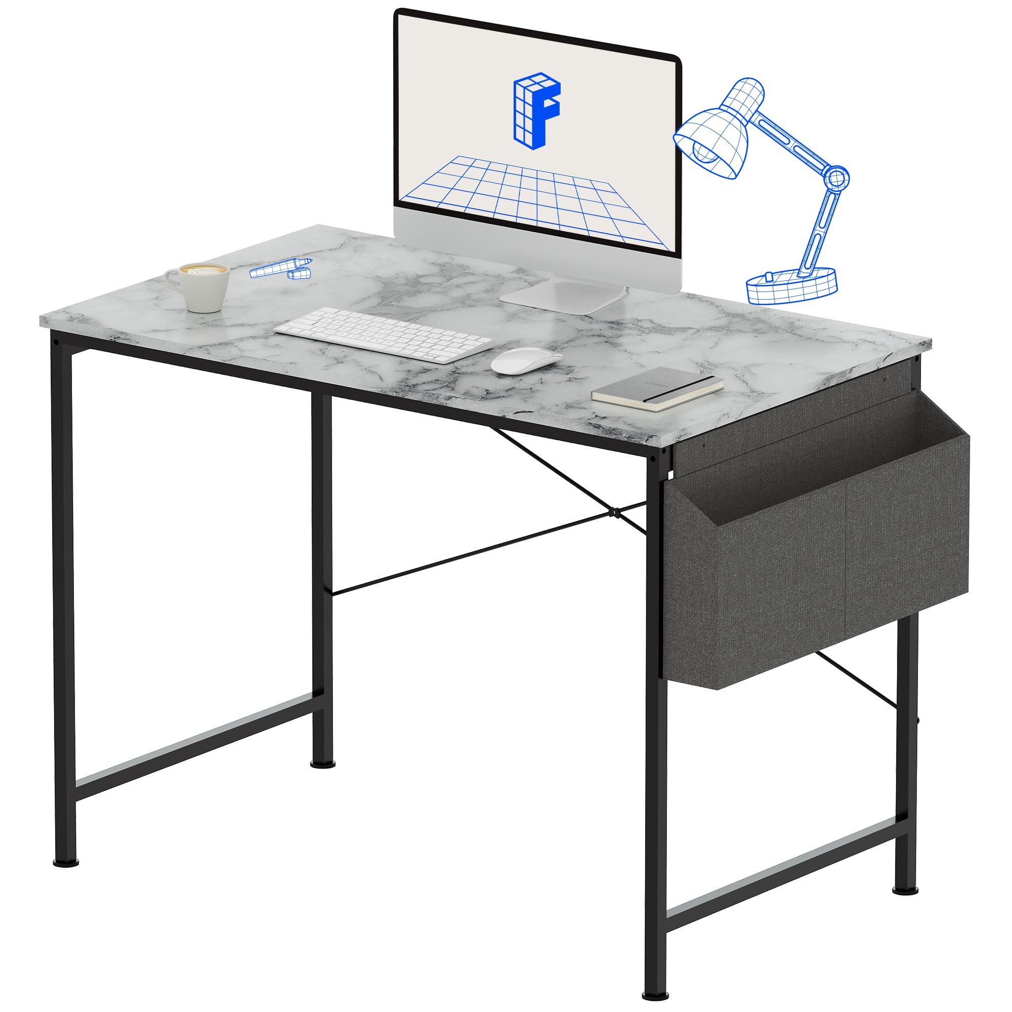 FLEXISPOT 40 inch Computer Desk Home Office Desk Workstation with Storage Bag, Modern Study Writing Table, White Marble Desktop