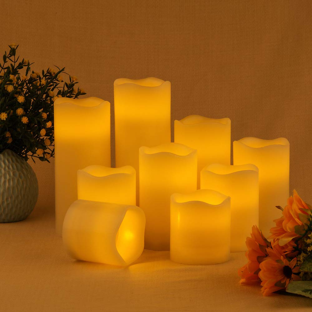 Flameless Candles LED Candle Set of 9 (D 3" x 3" 4" 5" 6" 7" 8") Flickering Electric Candles aa Battery Operated, Real Wax Moving Wick LED Pillar Candle Sets with Remote Control and Timer