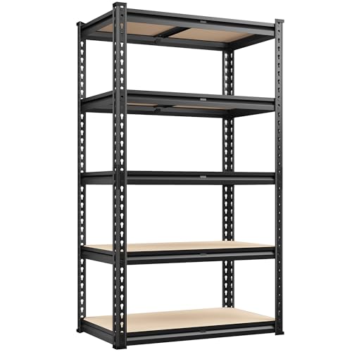 REIBII Storage Shelves 5-Tier Garage Shelving Heavy Duty 1500LBS Metal Shelving Unit Adjustable Laminated Utility Rack for Kitchen Warehouse Basement Boltless Assembly Black 28" W x 12" D x 60" H