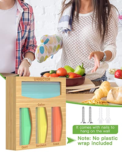 Uamector Bamboo Ziplock Bag Organizer for Drawer, Food Bags Dispenser Plastic Bags Holder for Kitchen, Hanging Baggie Container for Gallon Quart Sandwich or Snack Bag Trash Bags