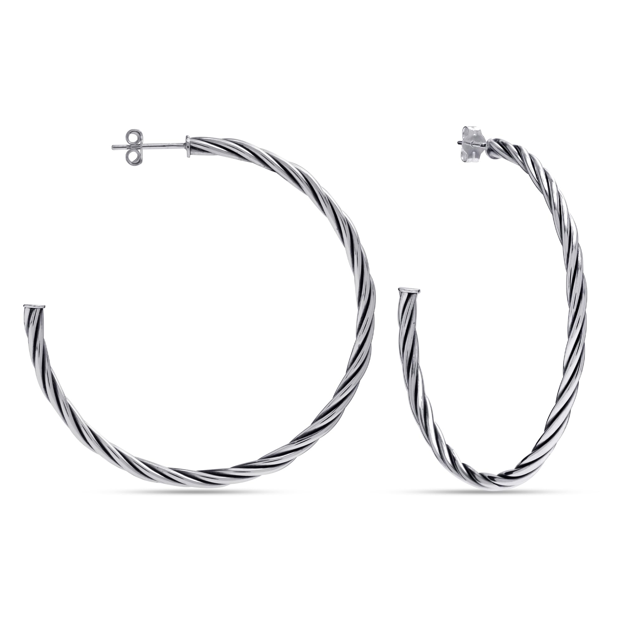 LeCalla Pure 925 Sterling Silver Twisted Diamond-Cut Open Half C Hoops Earring for Women Large Antique Sculpted Cable C Hoop Earrings for Women - 50MM