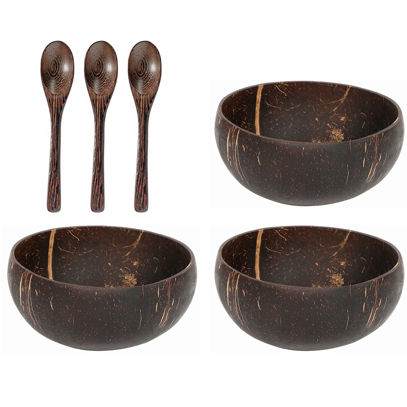 Hovico 3pcs Coconut Bowls with Spoons, 100% Natural Handmade Kitchen Utensils Bowl Polished with Coconut Oil Eco-Friendly Coconut Bowl Durable Lightweight Useful