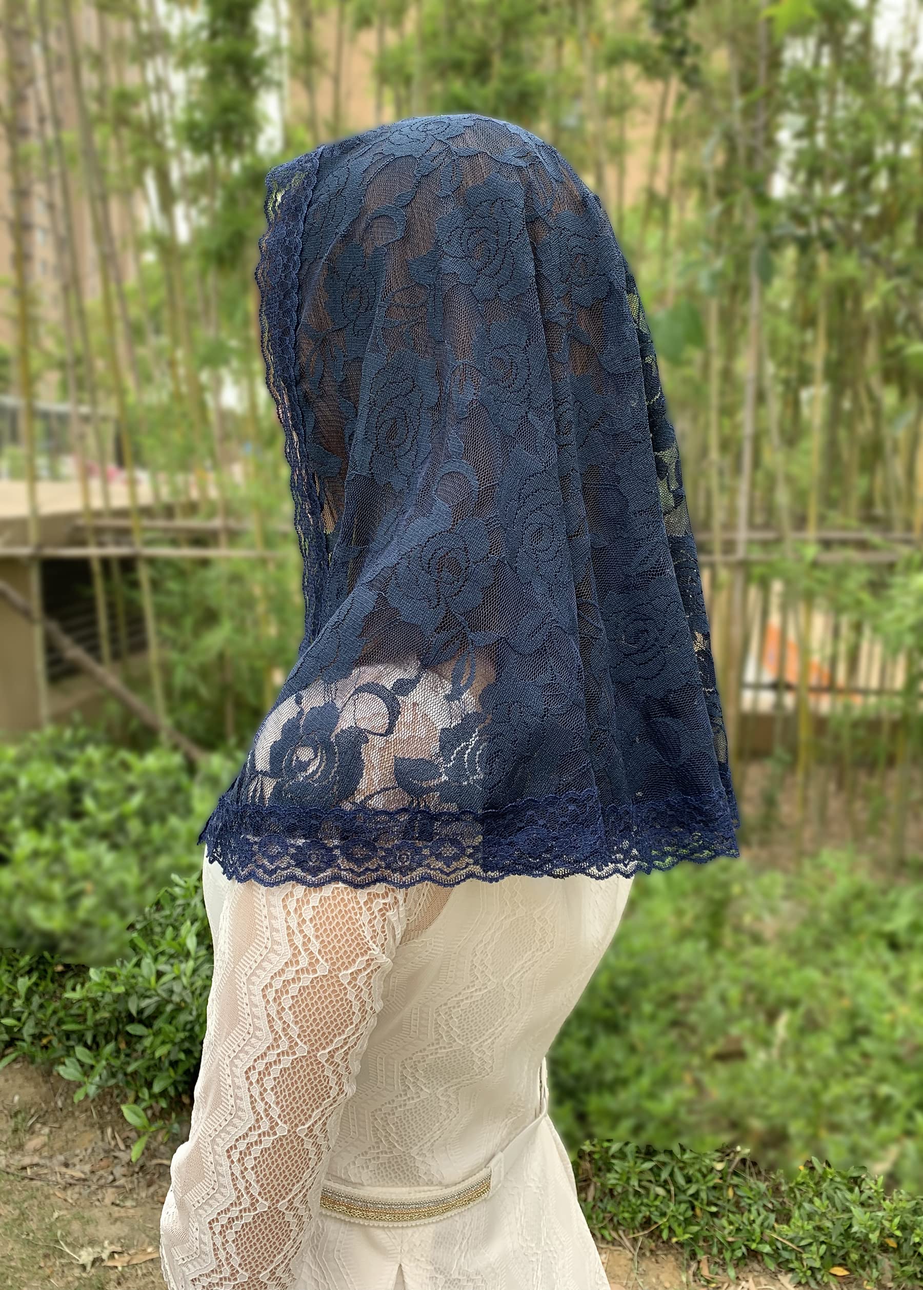 Grettytling Lace Mantilla Veil Soft and comfortable 7 Colors Spanish Style Rose Lace Veil Head Covering D Shape ,Navy