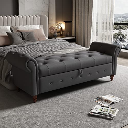 End of Bed Storage Bench Ottoman Linen Fabric Upholstered Button Tufted Padded Footstool Bench&Ottoman with Armsrest and Soild Wood Legs for Home Apartment Entryway Living SpaceDark Grey