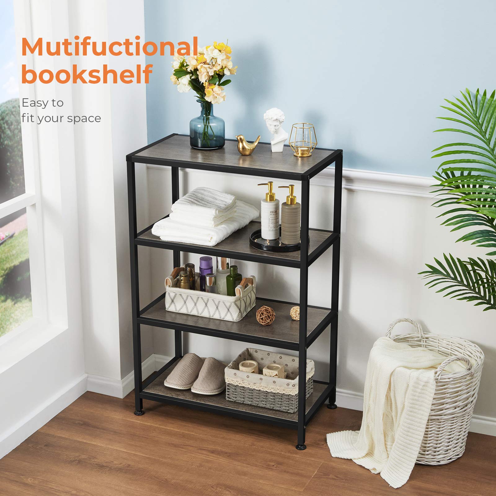 GreenForest 4-Tier Bookshelf Industrial Open Shelf Bookcase with Metal Frame for Home and Office Storage Display Shelves, Rustic Walnut