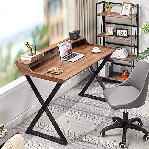 GreenForest Computer Desk with Hutch 47" Home Office Writing Desk Modern Style Study Working Table Laptop PC Workstation, with Heavy Duty Metal Frame and Wooden Desktop,Walnut