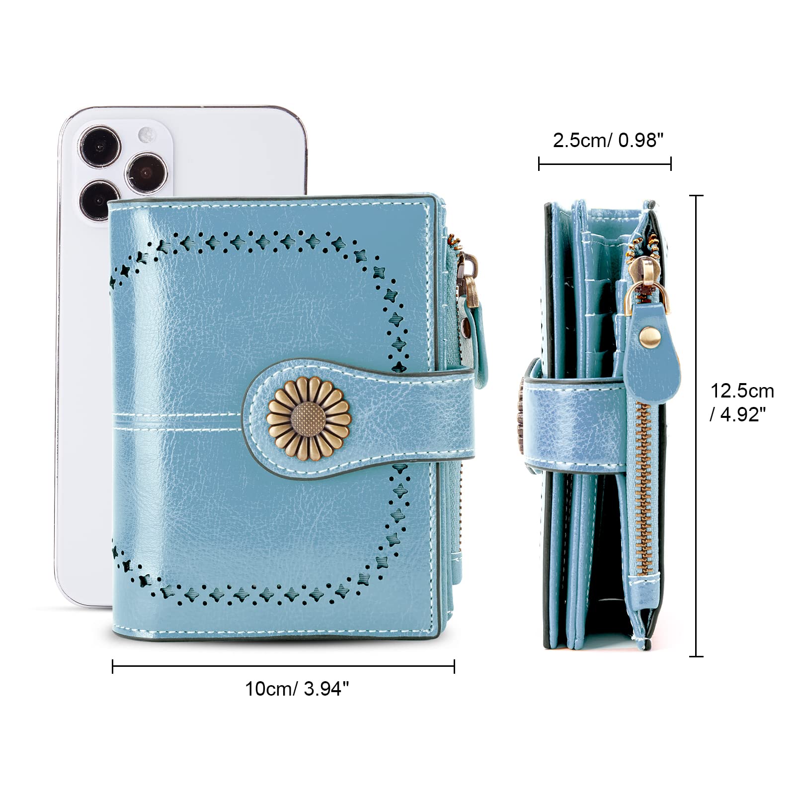 INSIFEEL Small Wallet for Women Genuine Leather Bifold Ladies Purse with ID Window (Light Blue)