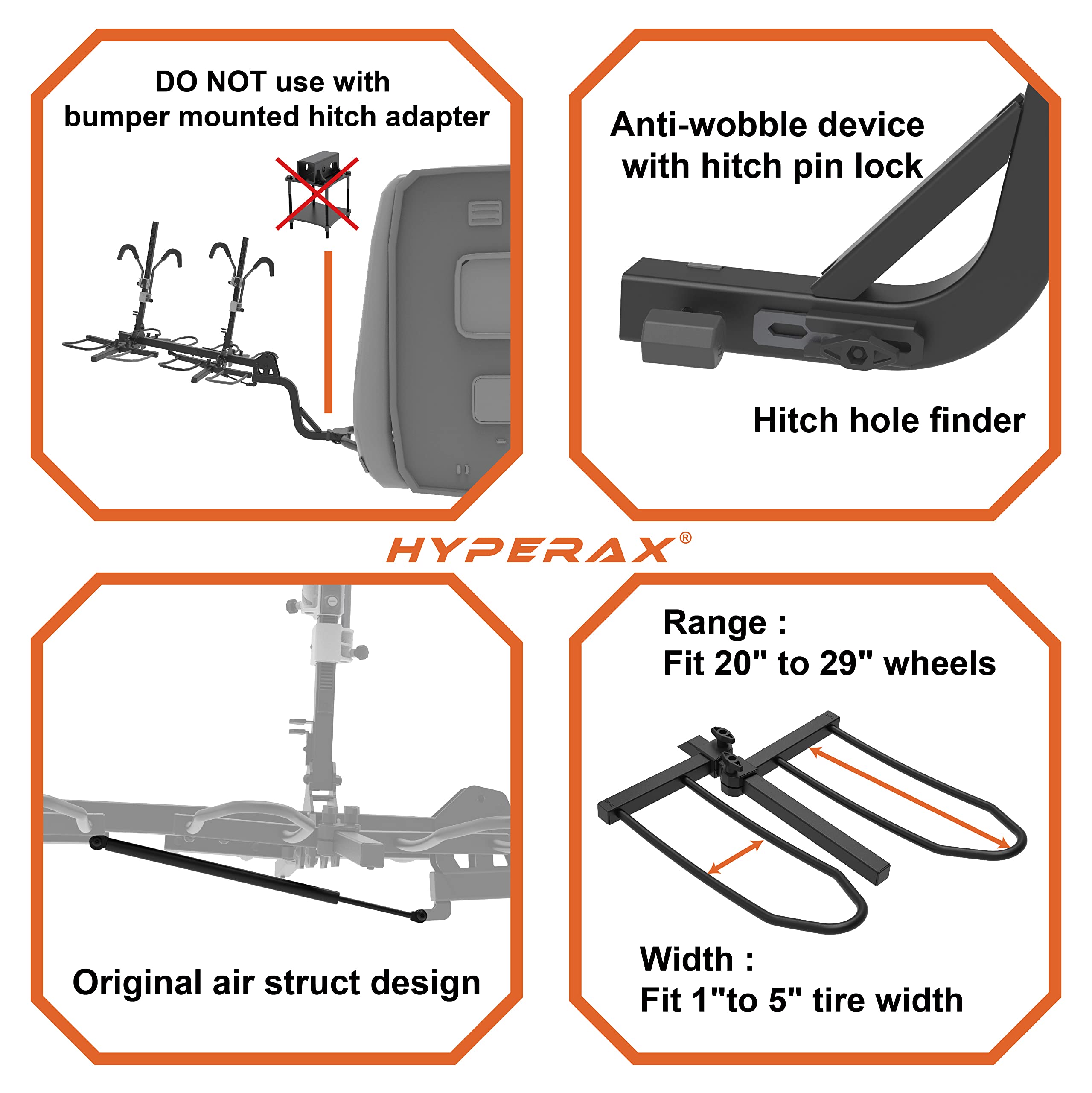HYPERAX Volt RV 4X - Hitch Mounted 4 Bike Rack Carrier for RV, Camper, Trailer,Motorhome, Toad with 2" Class 3 or Higher Hitch Fits Up to 2x75lb E Bike +2X50lb Bikes with Up to 5" Fat Tire