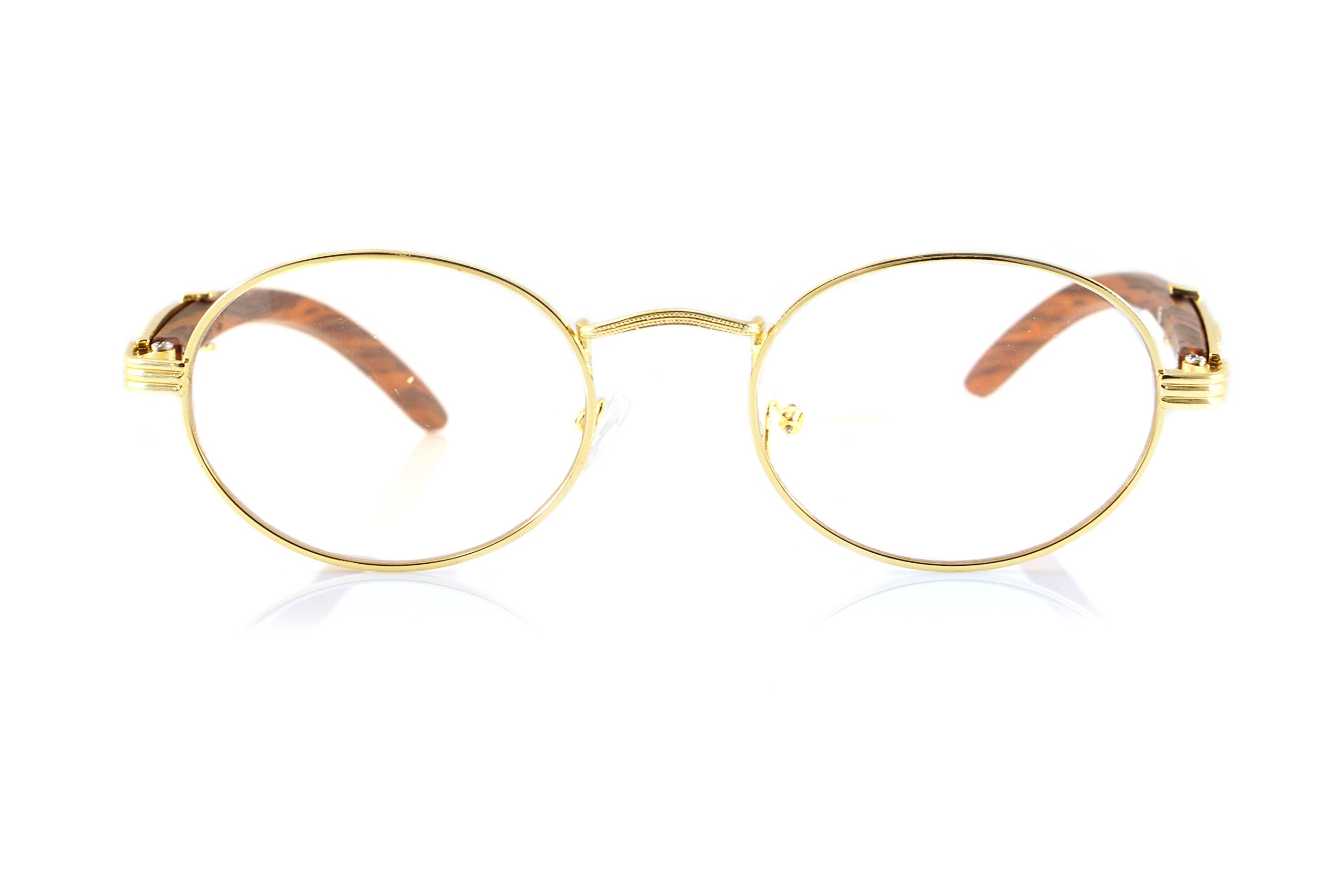 Fa.Beau.Lux FBL Vintage Oval Clear Lens Metal & Wood Feel Eyeglasses A103 (Gold/Brown)