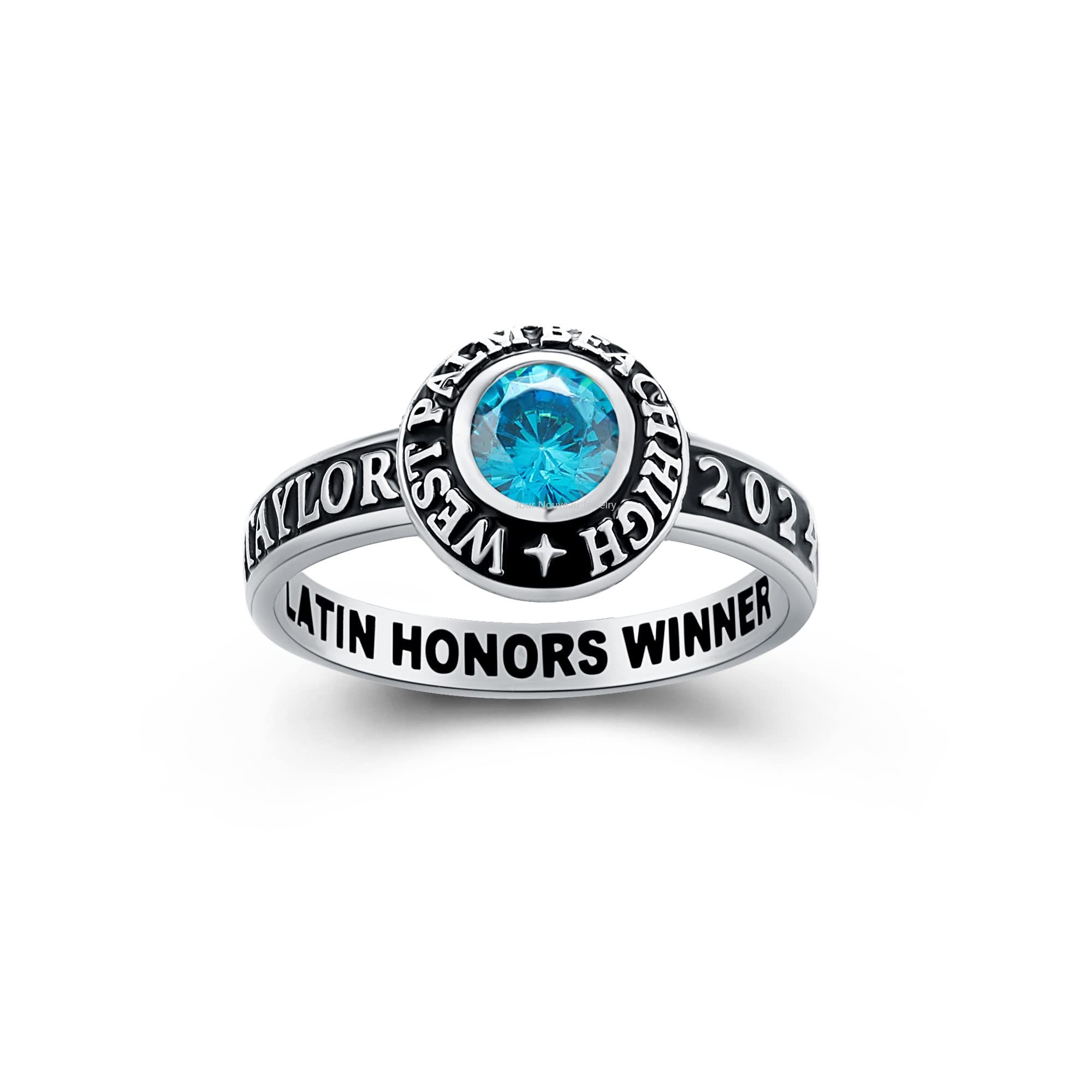 JNJ Women's Class Ring, personalized for high school and college graduates, Sterling Silver, Birthstone Class Ring, Classy collection-Jour Nouveau Jewelry (Platinum)