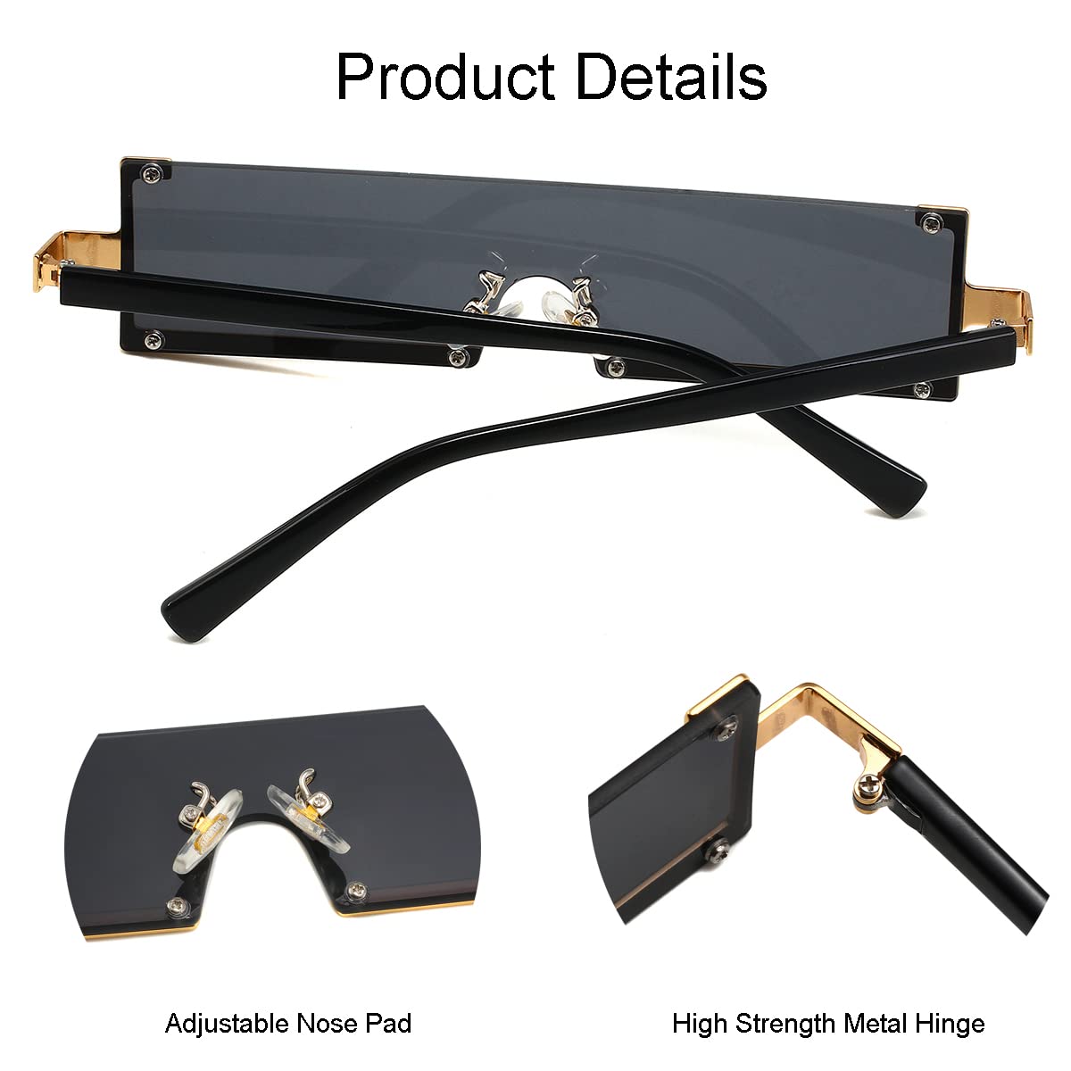 JOVAKIT Monolithic Rimless Rectangle Sunglasses for Women Men Vintage Retro Half Metal Frame Sun Glasses UV400 Protection (Gold/Grey)