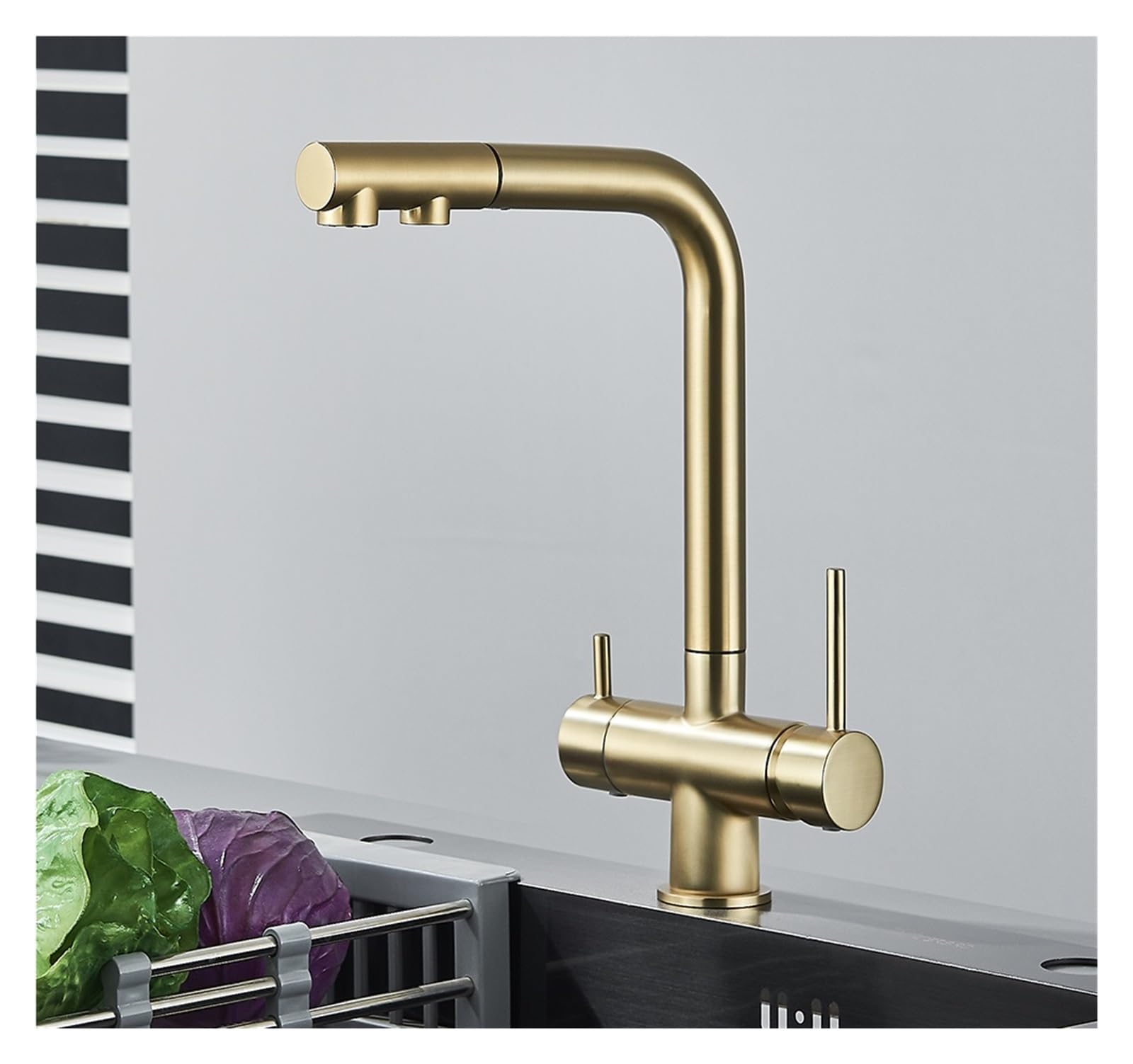 LHXEQJAM Chrome Brass Pull Out Filtered Kitchen Faucet Dual Handle Hot Cold Drinking Water 3-Way Filter Purification Mixer Taps (Color : Brushed Gold)