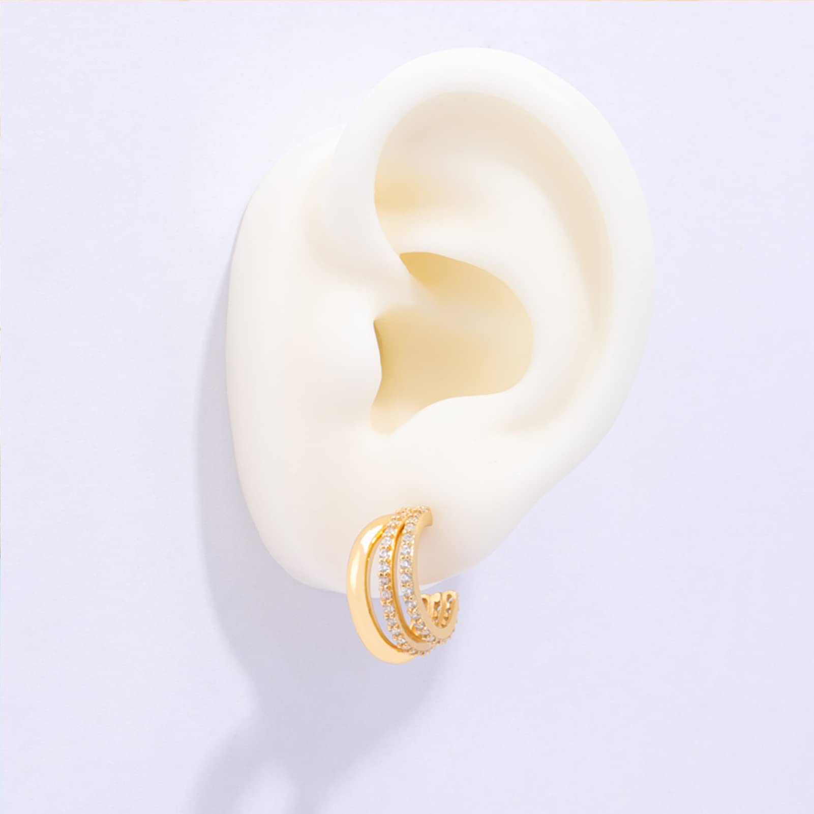 Joacii Gold Plated Cubic Zircon C-Hoop Earrings Lightweight Split Treble Hoop Huggie Stud Earrings for Women