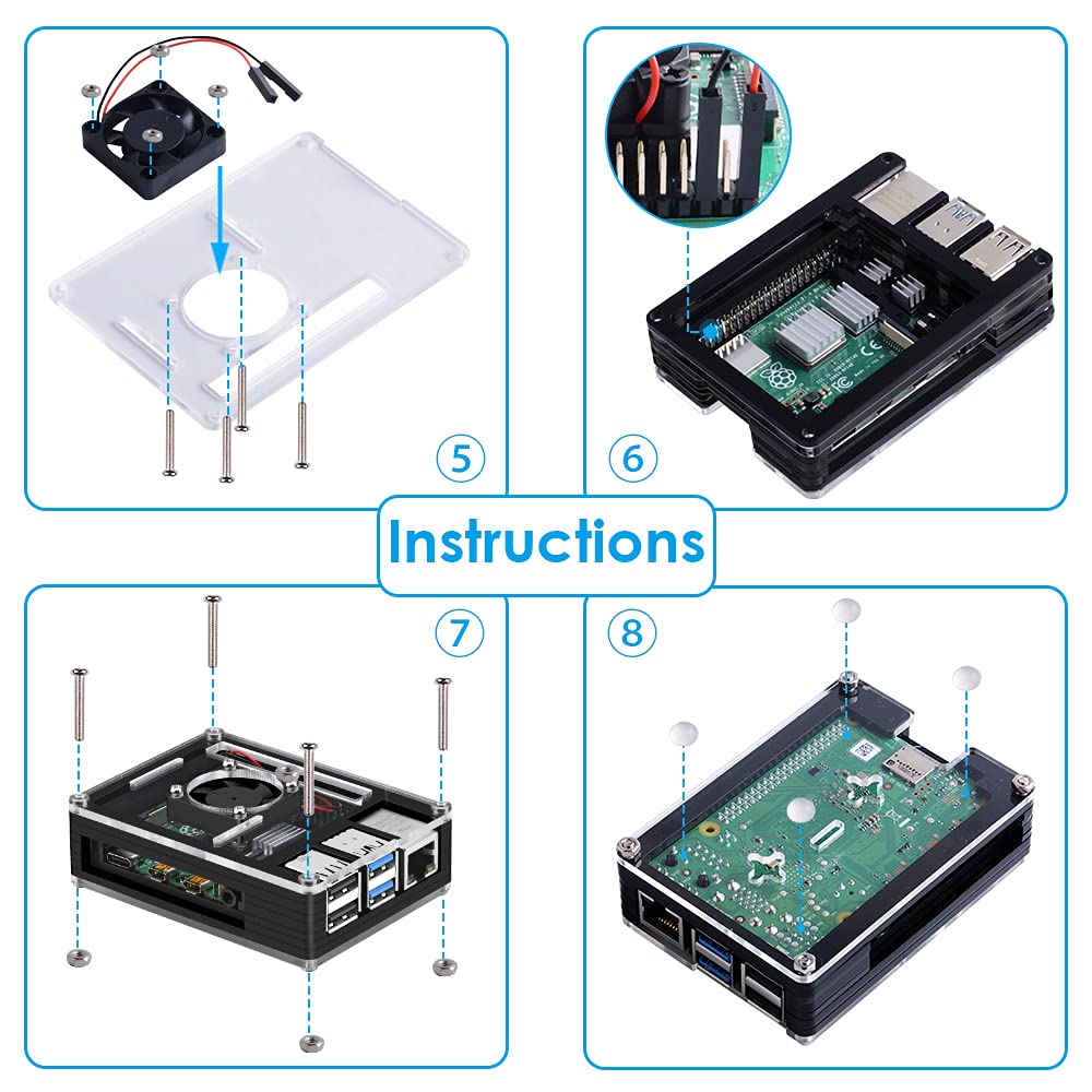 GeeekPi Acrylic Case for Raspberry Pi 4, Raspberry Pi 4 Case with Fan, Raspberry Pi 4 5V 3A Type-C Power Supply, 4pcs Aluminum Heatsinks for Raspberry Pi 4B 8gb/4gb/2gb (No Raspberry Pi Board)