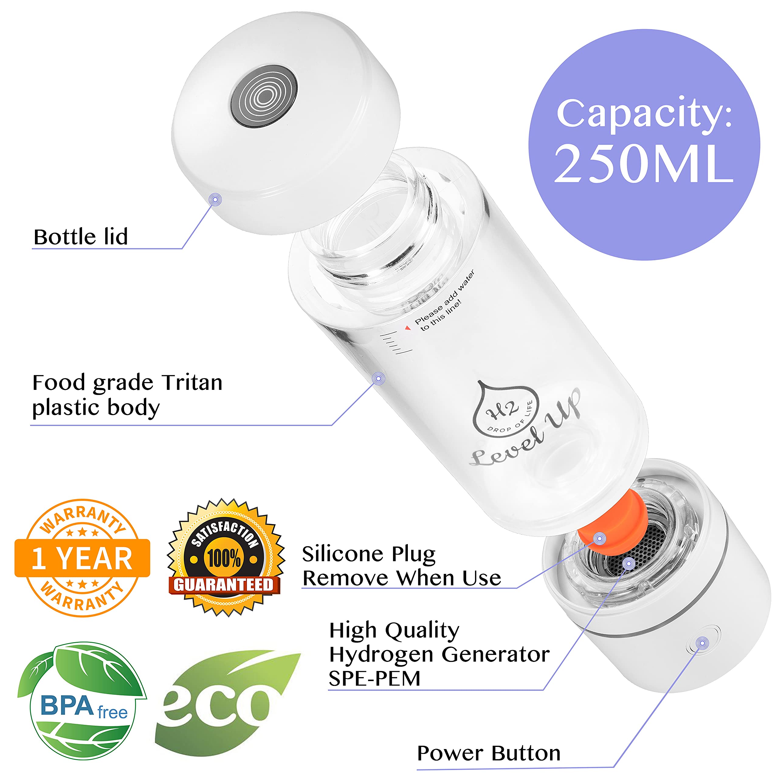 Level Up Way - Premium Hydrogen Water Bottle Generator β Up to 4000 PPB β SPE PEM Dupont US - Healthy Life